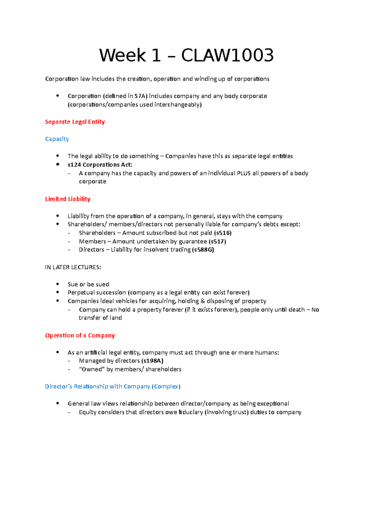 CLAW1003 Midsem Notes - Week 1 – CLAW Corporation law includes the ...