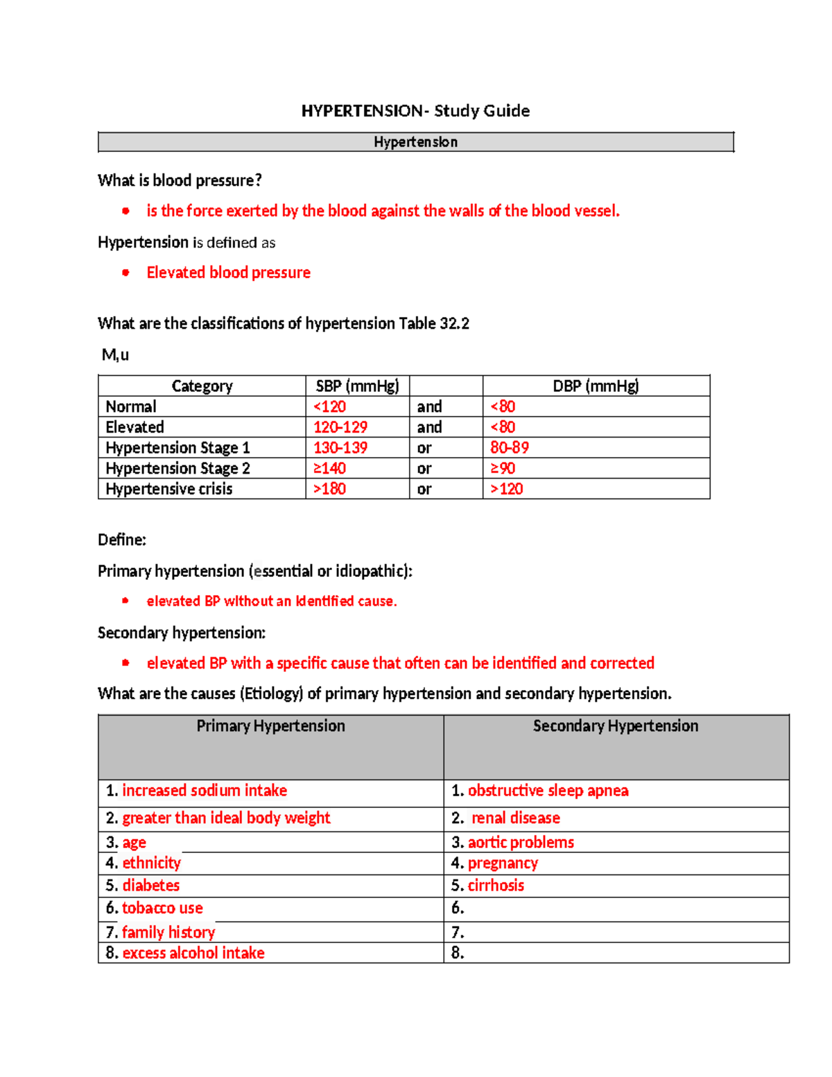 Class 4 Hypertension - HYPERTENSION- Study Guide Hypertension What is ...