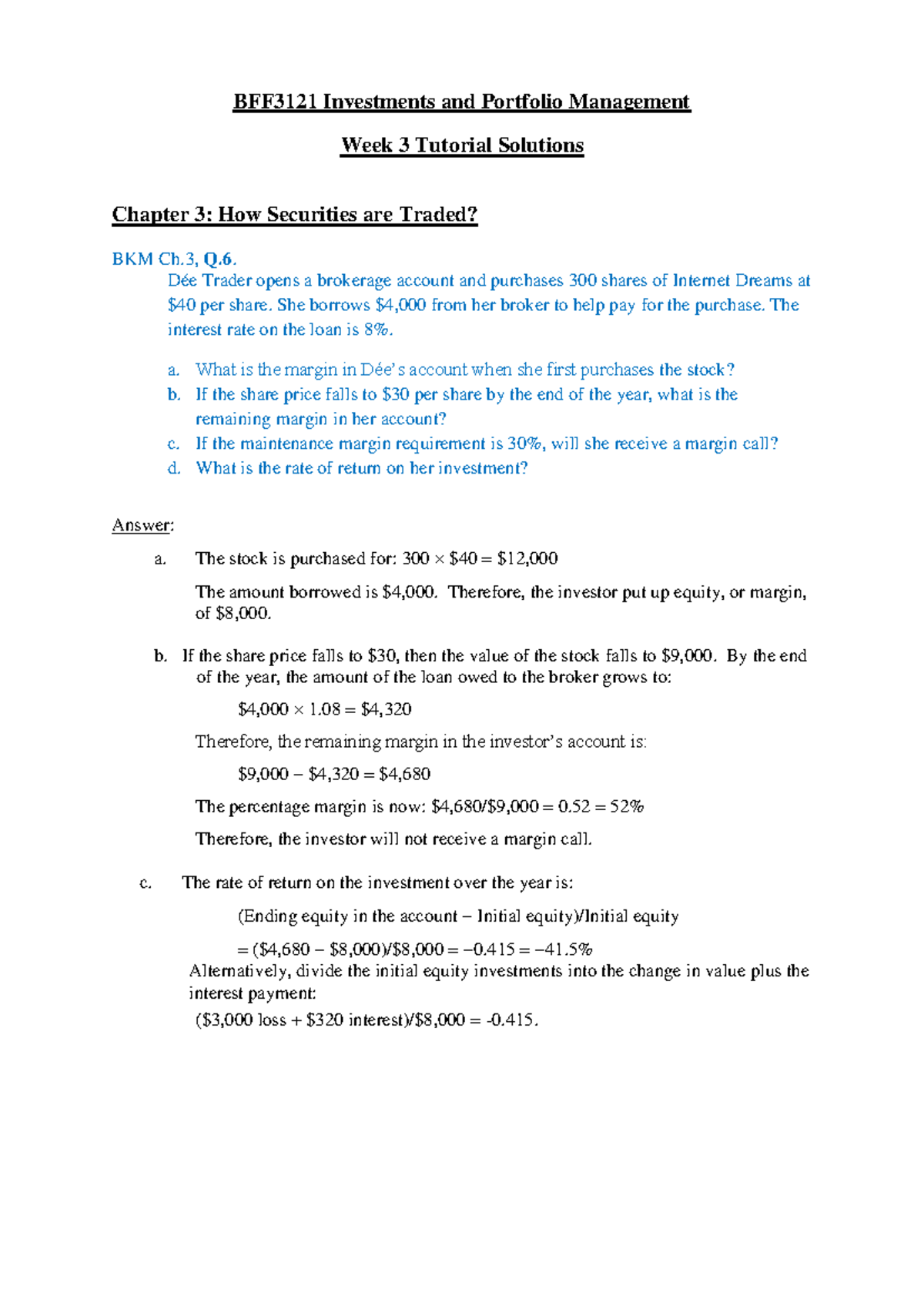 Week 03 Tutorial Solutions - BFF 3121 Investments and Portfolio ...