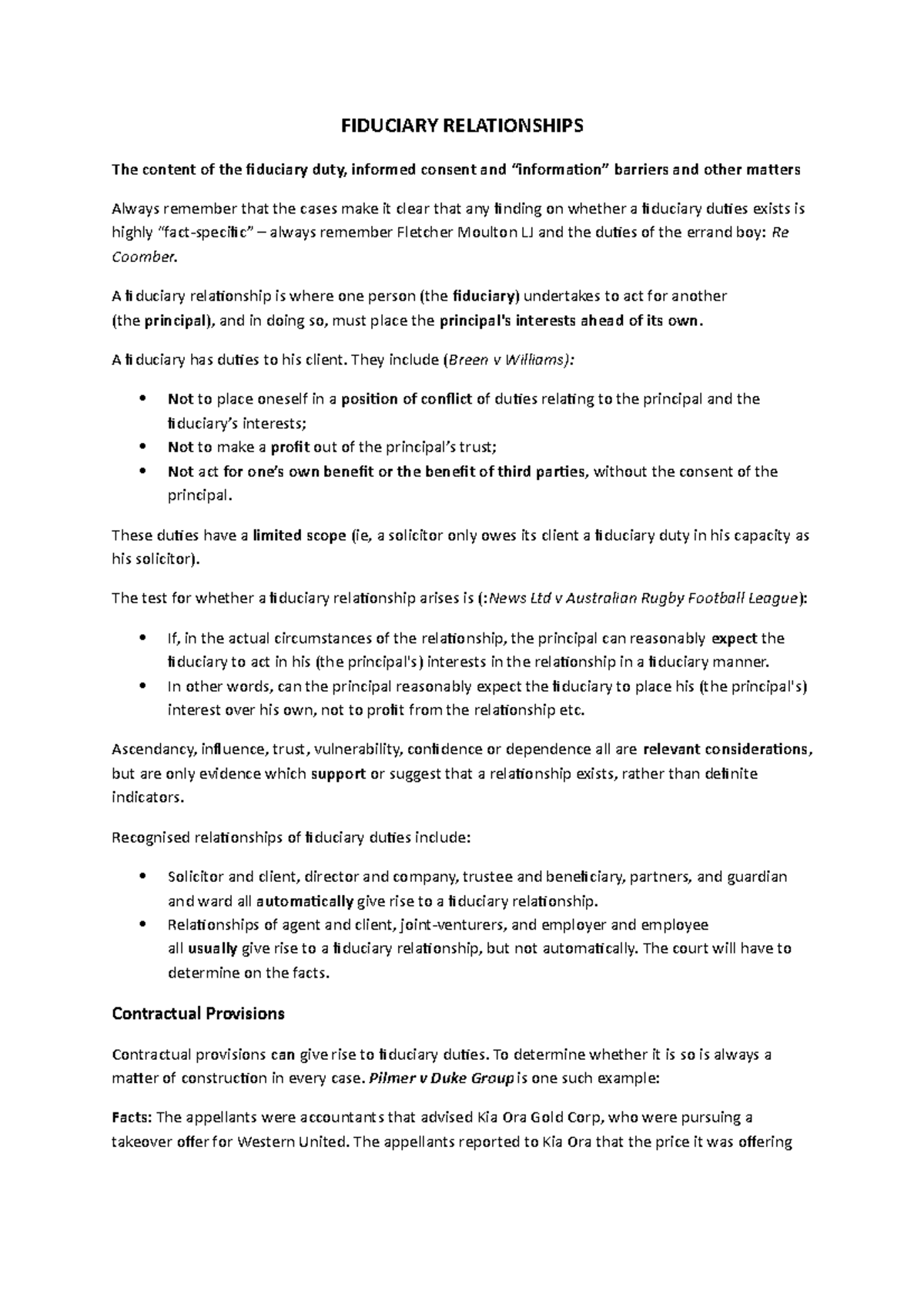 2 Fiduciary Duties - Lecture notes 7-8 - FIDUCIARY RELATIONSHIPS The ...