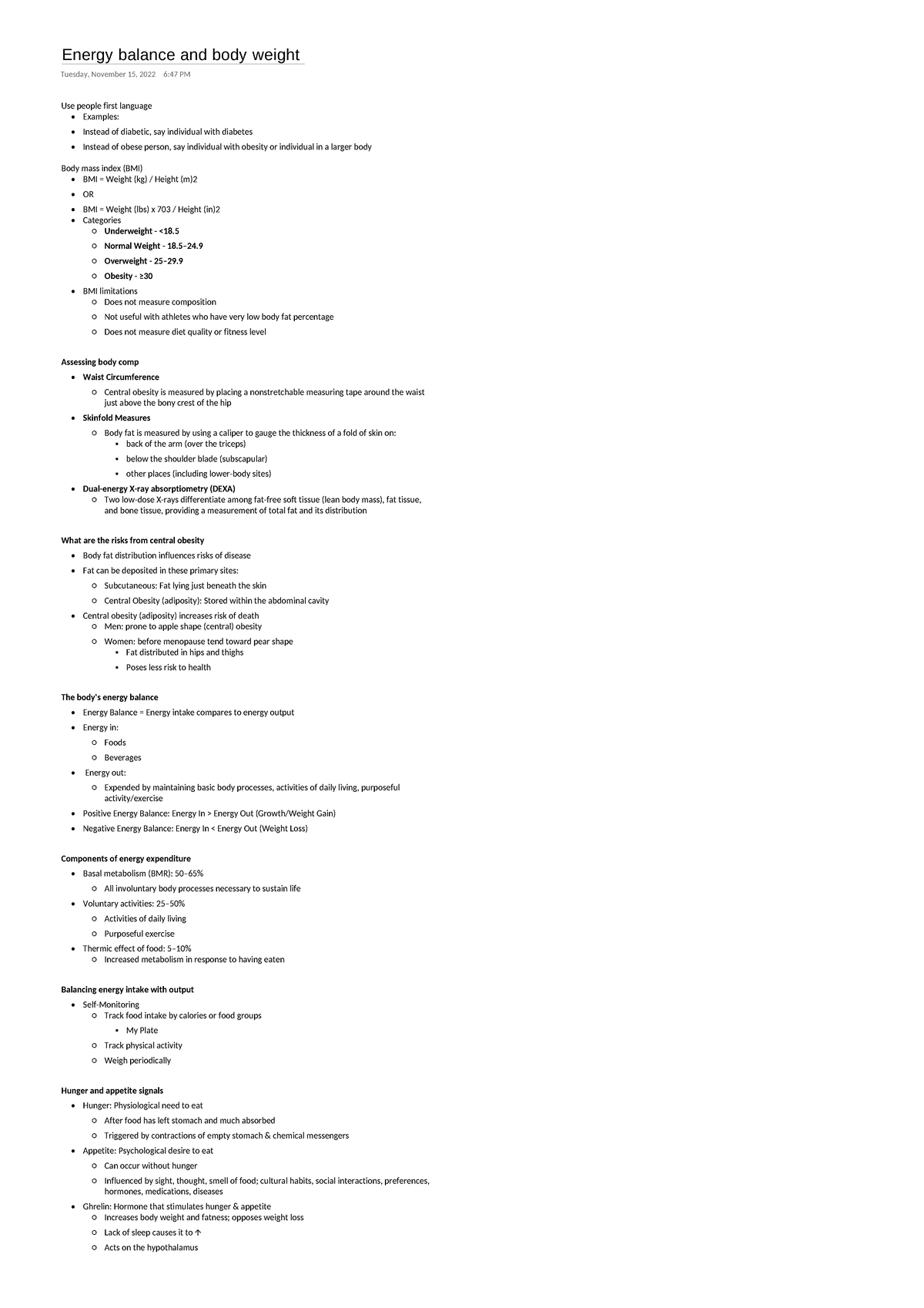 Energy balance and body weight - Energy balance and body weight Tuesday ...