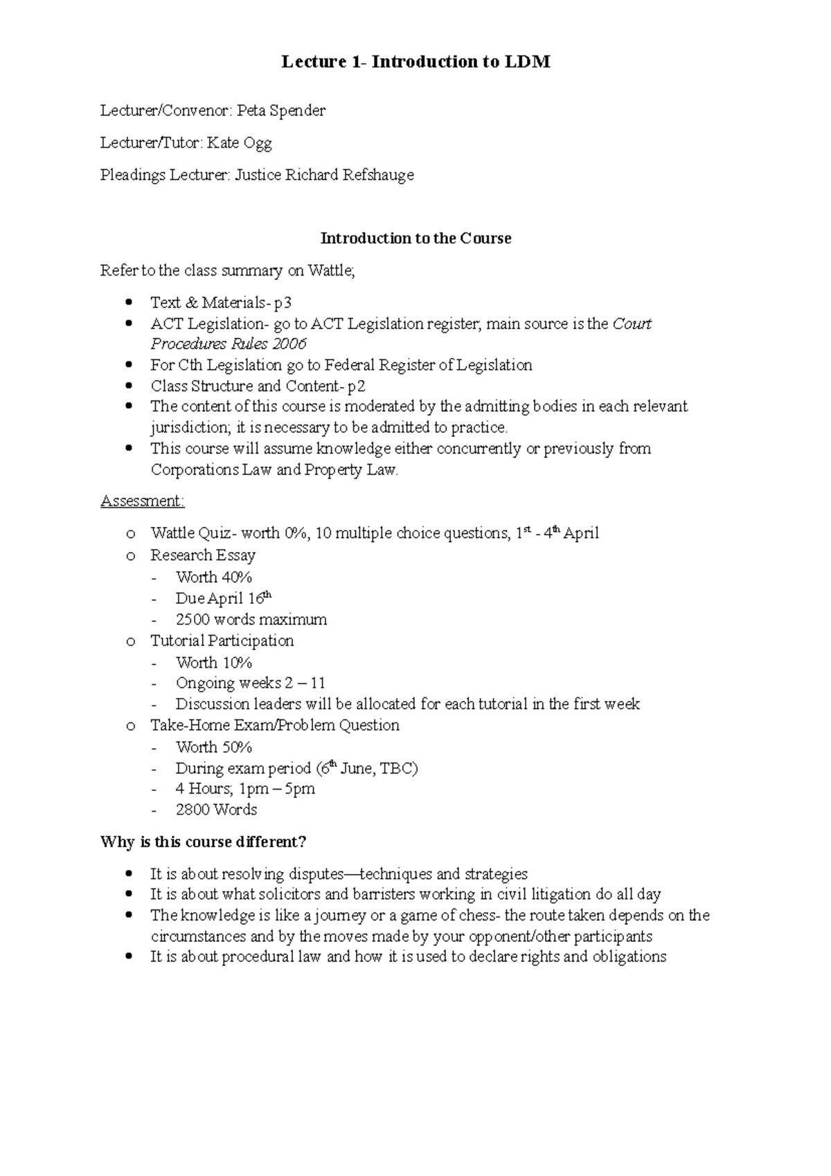 Lecture 1- Introduction to LDM - Lecturer/Convenor: Peta Spender ...