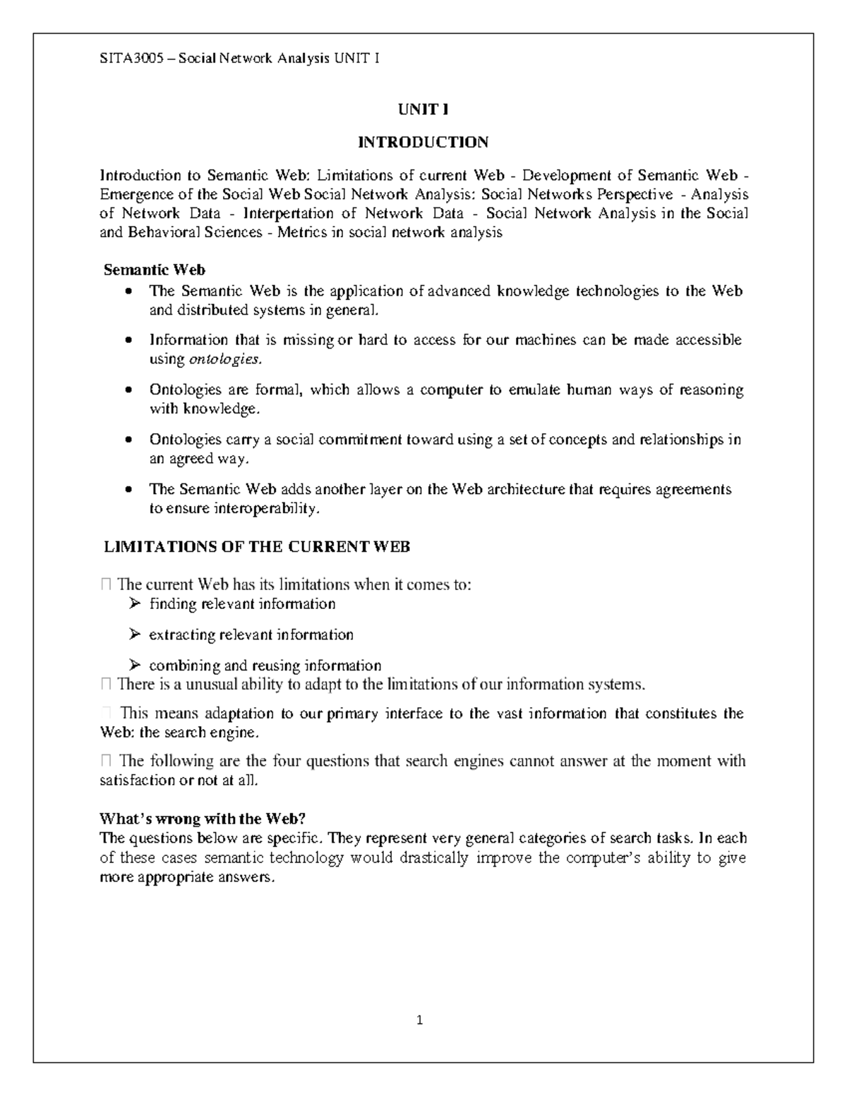 SNA unit1 - study material - nit I UNIT I INTRODUCTION Introduction to Semantic Web: Limitations ...