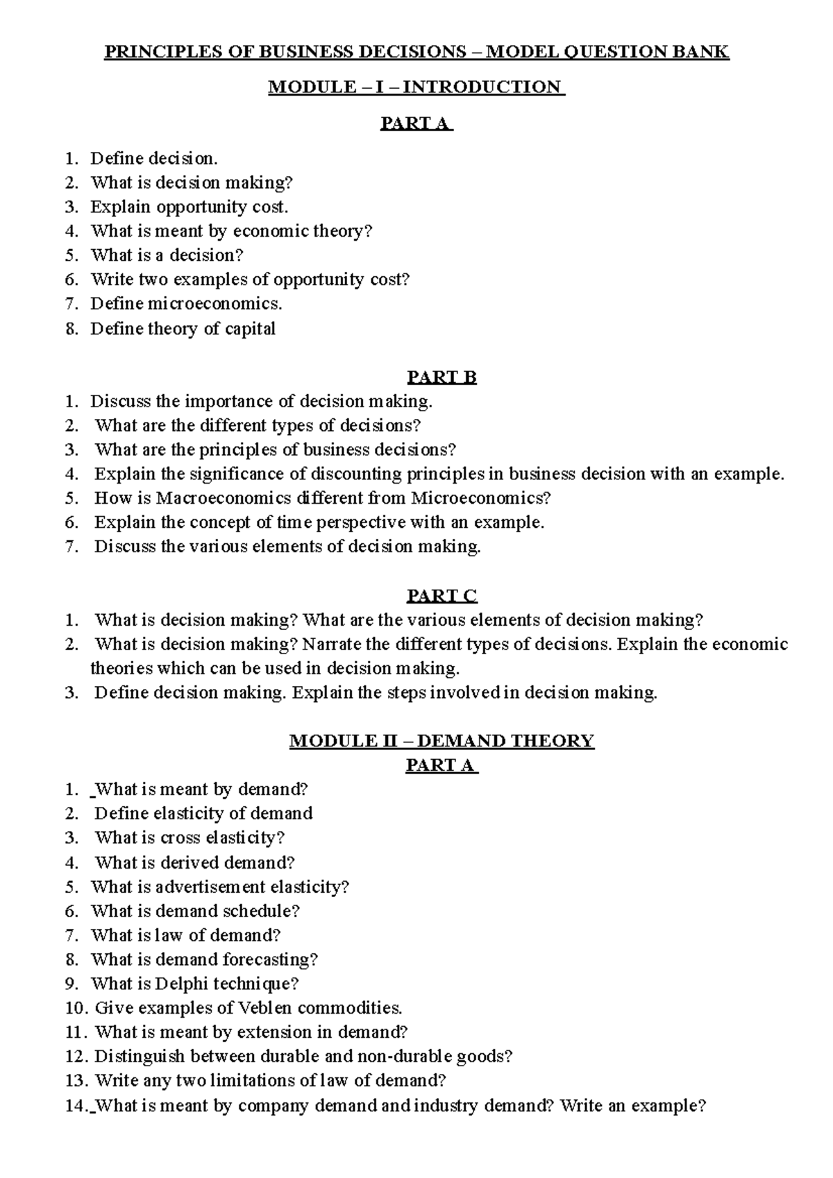 Model Question Bank - PBD model - PRINCIPLES OF BUSINESS DECISIONS ...