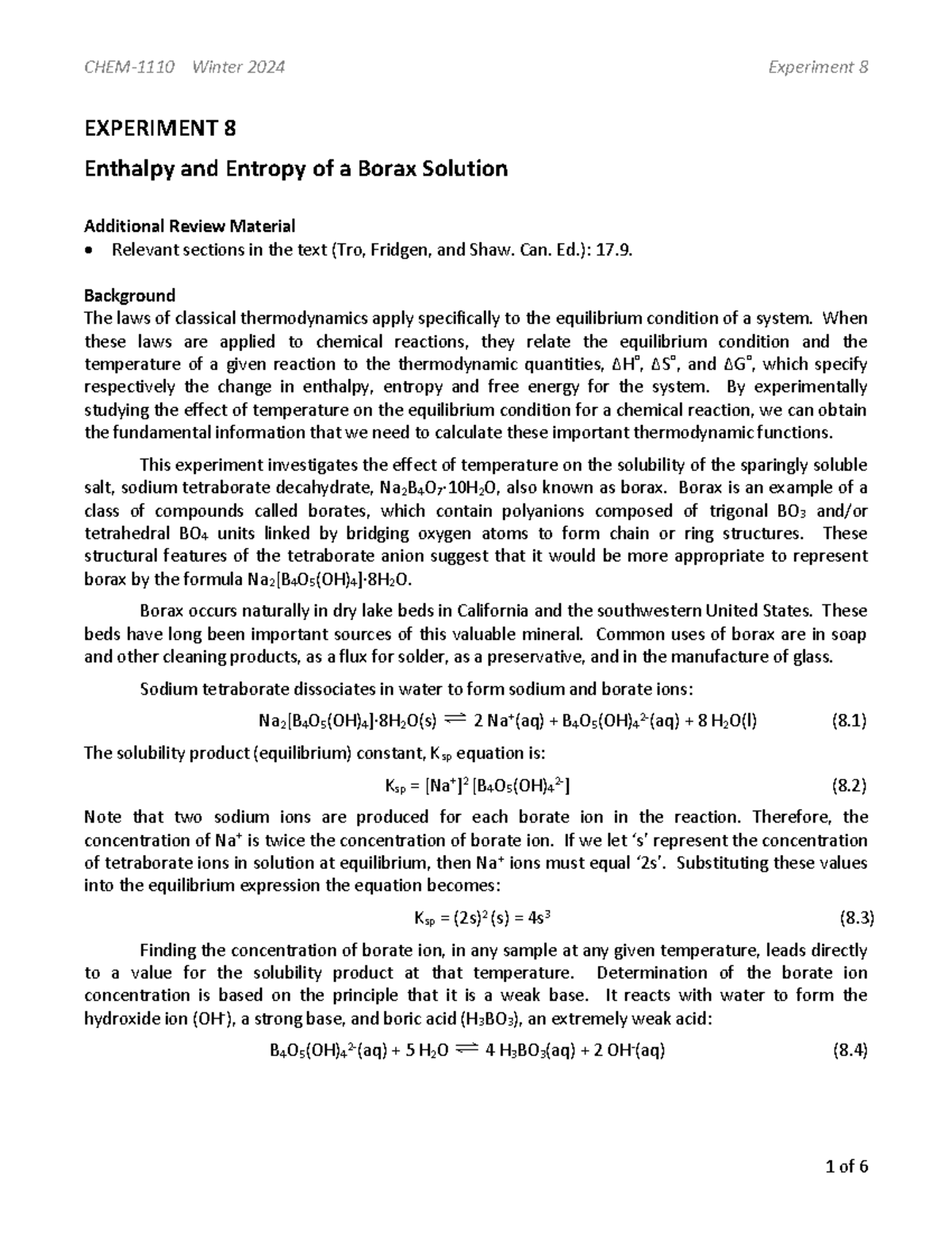 Exp.8 Enthalpy and Entropy of a Borax Solution - EXPERIMENT 8 Enthalpy ...