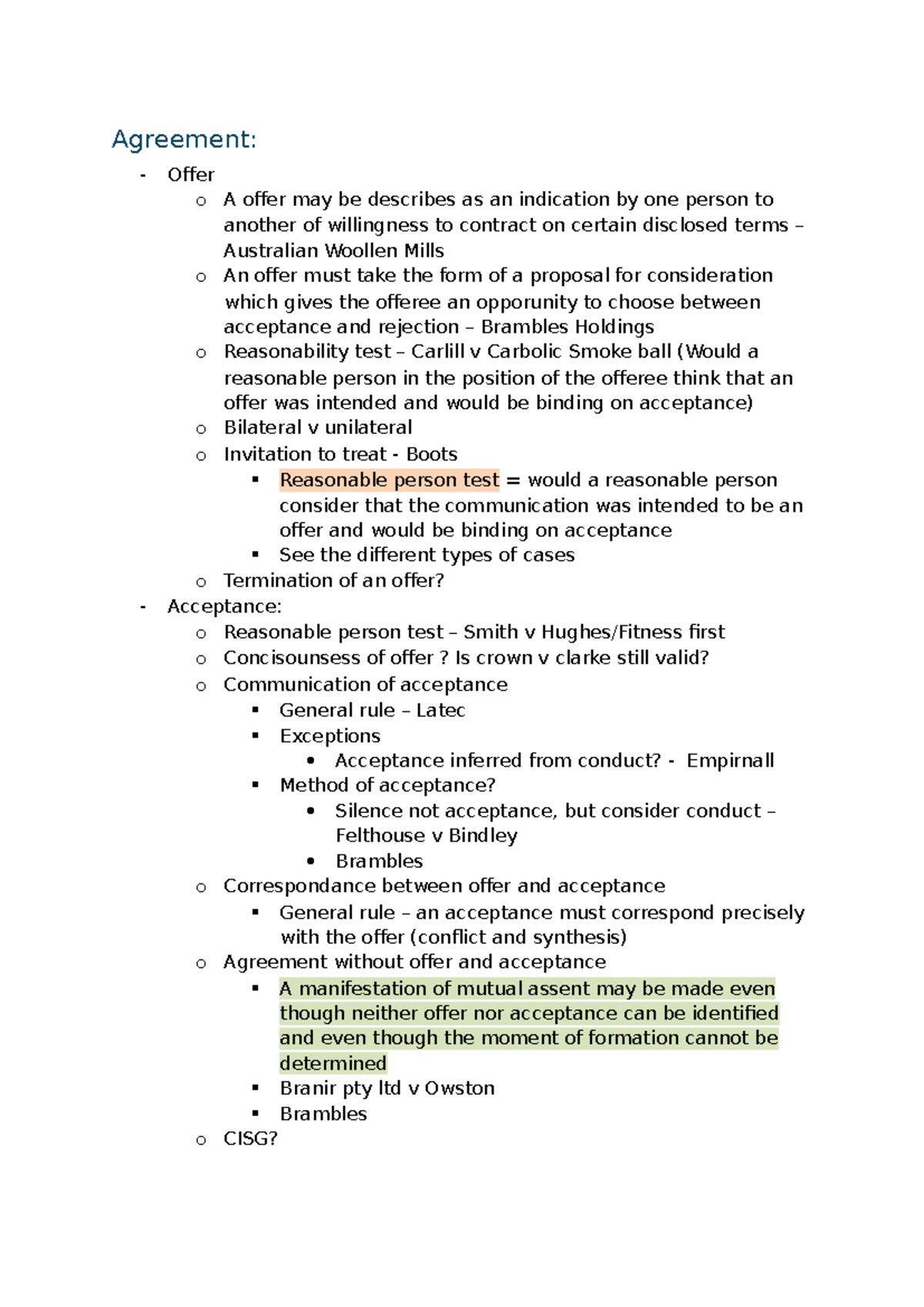 Contract plan draft - Agreement: Offer o A offer may be describes as an ...