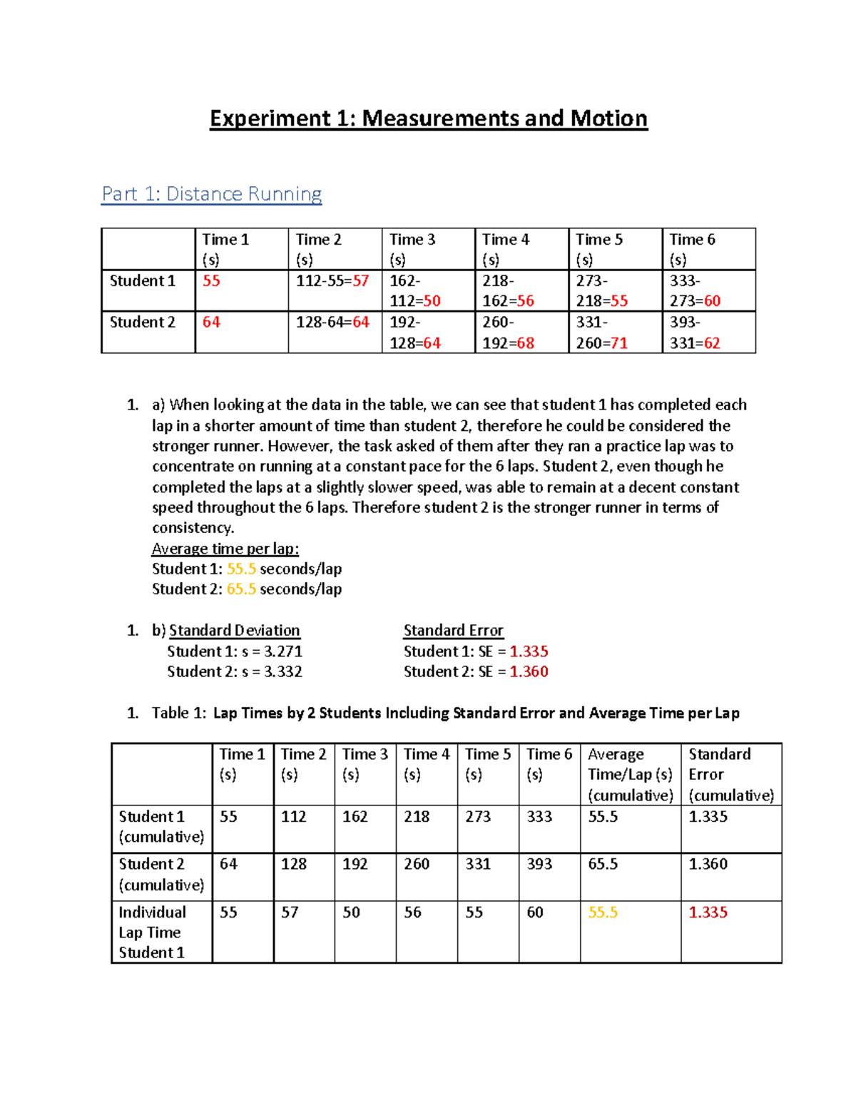 Physics Lab Report 1 - Experiment 1: Measurements and Motion Part 1 ...