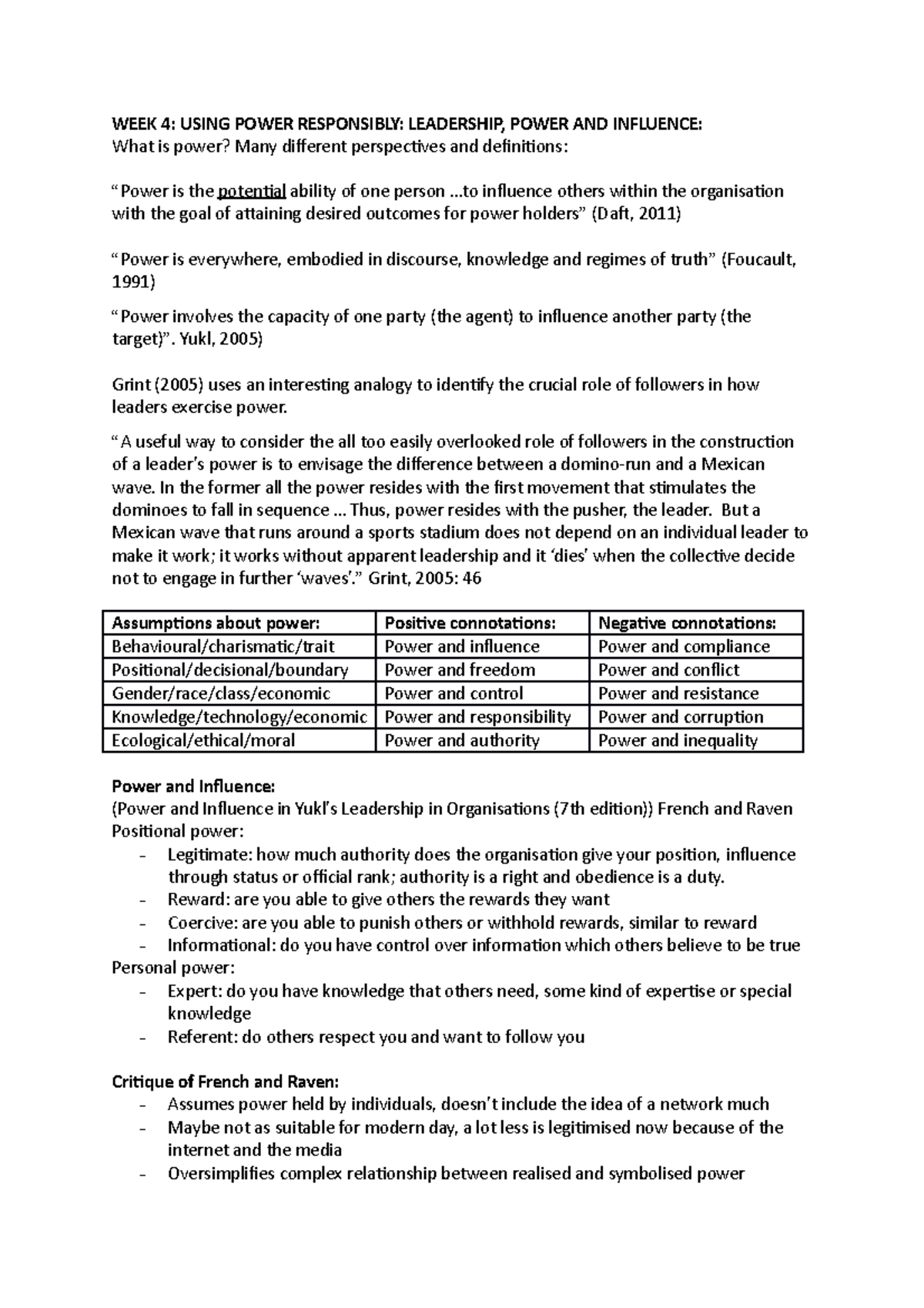 Power - Lecture notes 4 - WEEK 4: USING POWER RESPONSIBLY: LEADERSHIP ...