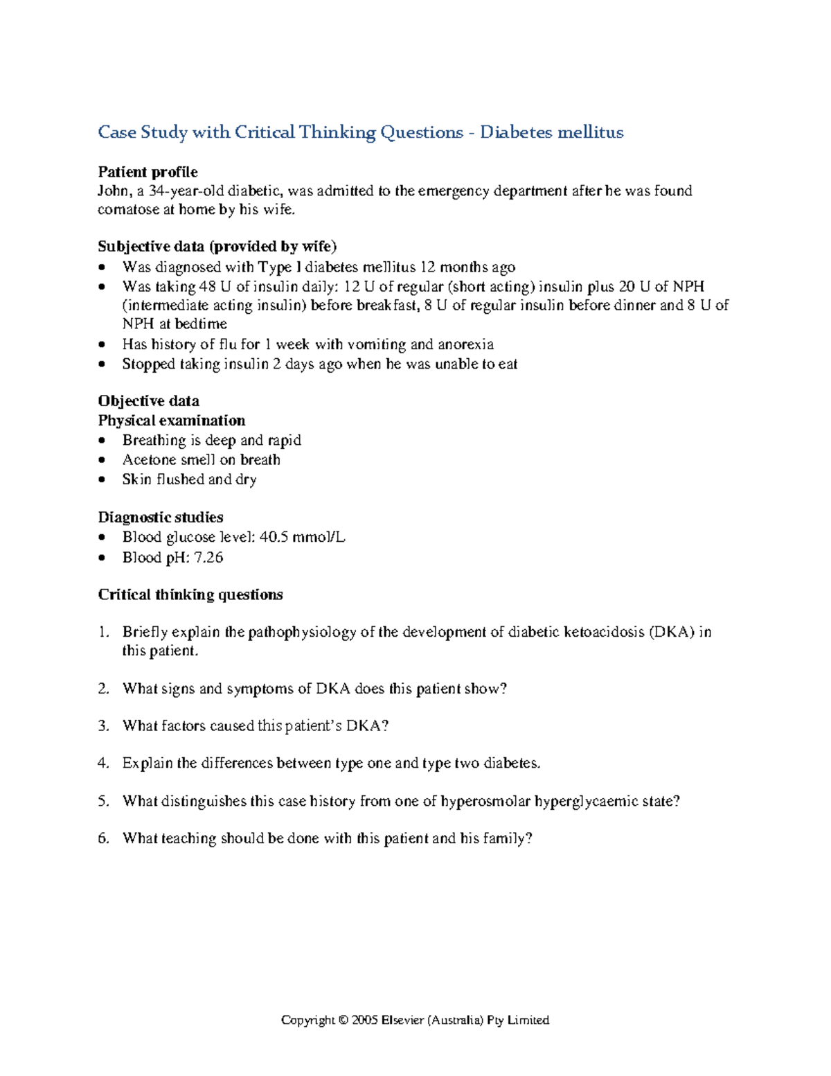 Week 3 Case study DKA - Copyright © 2005 Elsevier (Australia) Pty ...