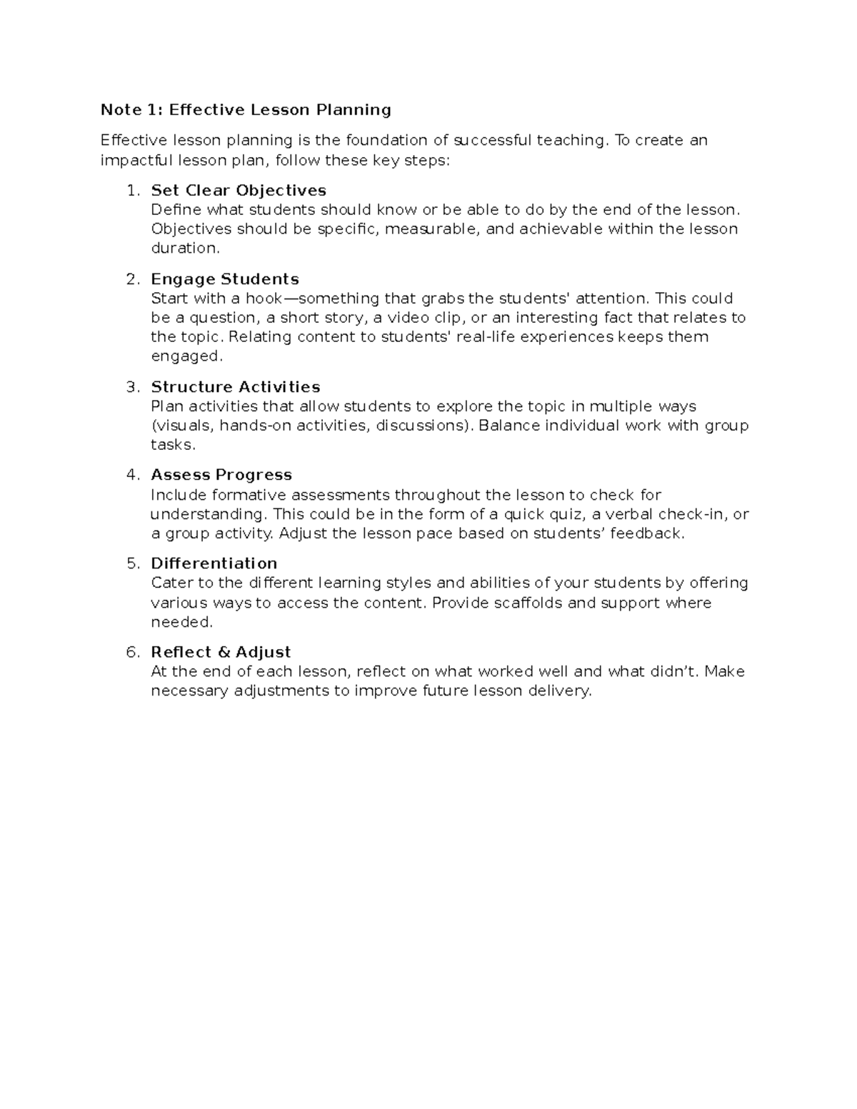 Note 1 - Educational notes - Note 1: Effective Lesson Planning ...
