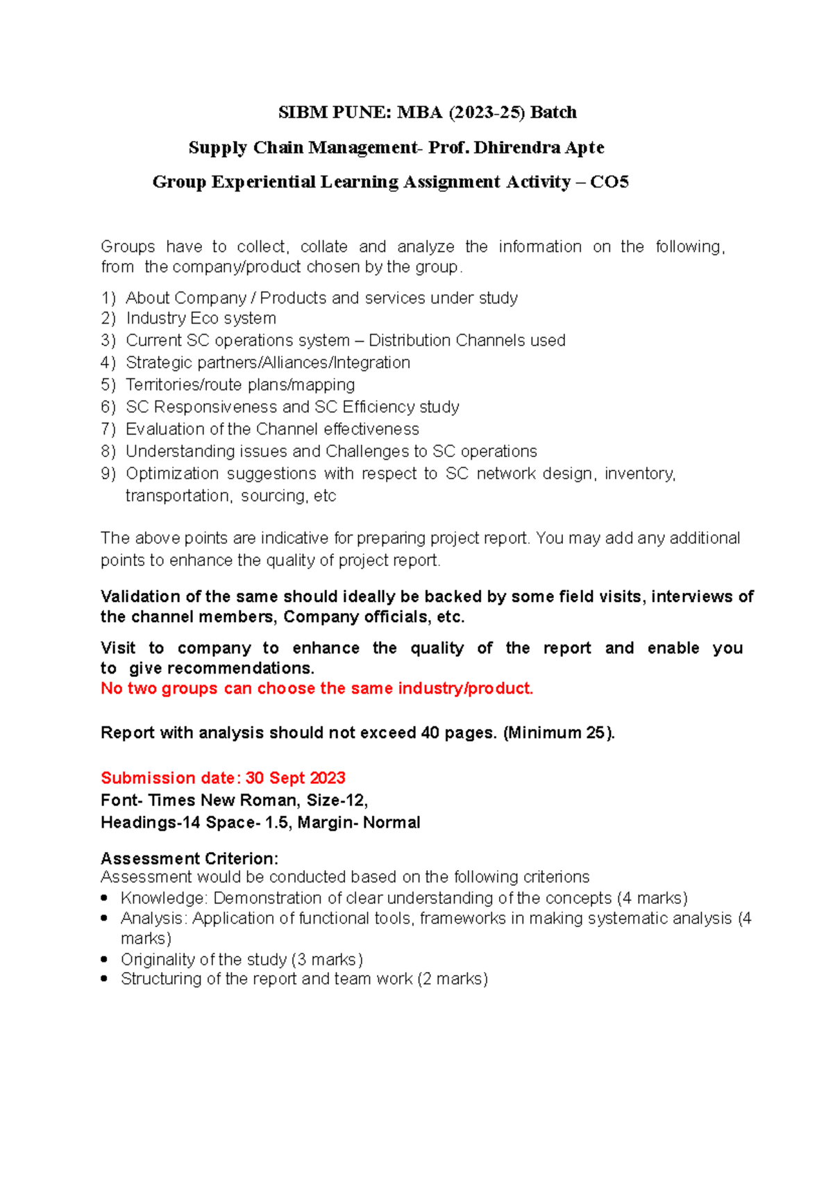 Note on Exp learning Assignment- SCM MBA I - SIBM PUNE: MBA (2023-25 ...