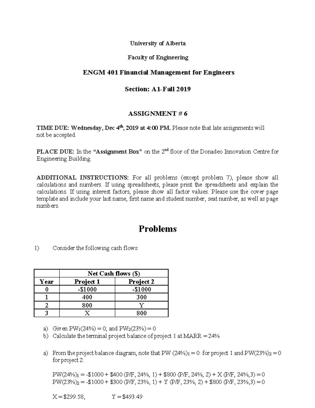 Assignment-Six-Fall 2019-With sol - University of Alberta Faculty of Engineering ENGM 401 ...