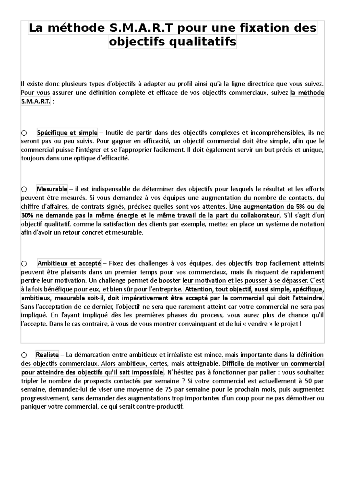Méthode smart - La méthode S.M.A.R pour une fixation des objectifs qualitatifs Il existe donc ...