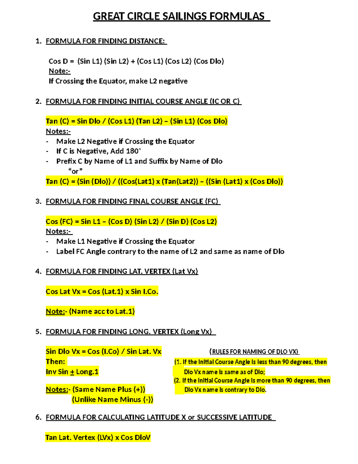 Great Circle Sailings Formulas - GREAT CIRCLE SAILINGS FORMULAS 1 ...