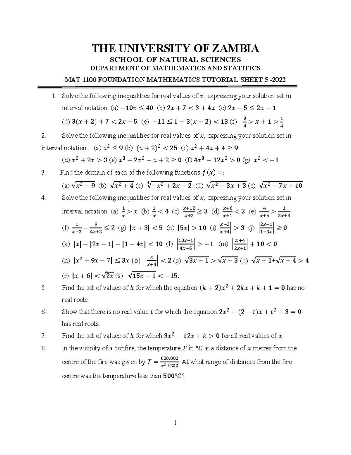 MAT 1100 Tutorial Sheet 5-2022 - 1 THE UNIVERSITY OF ZAMBIA SCHOOL OF NATURAL SCIENCES ...