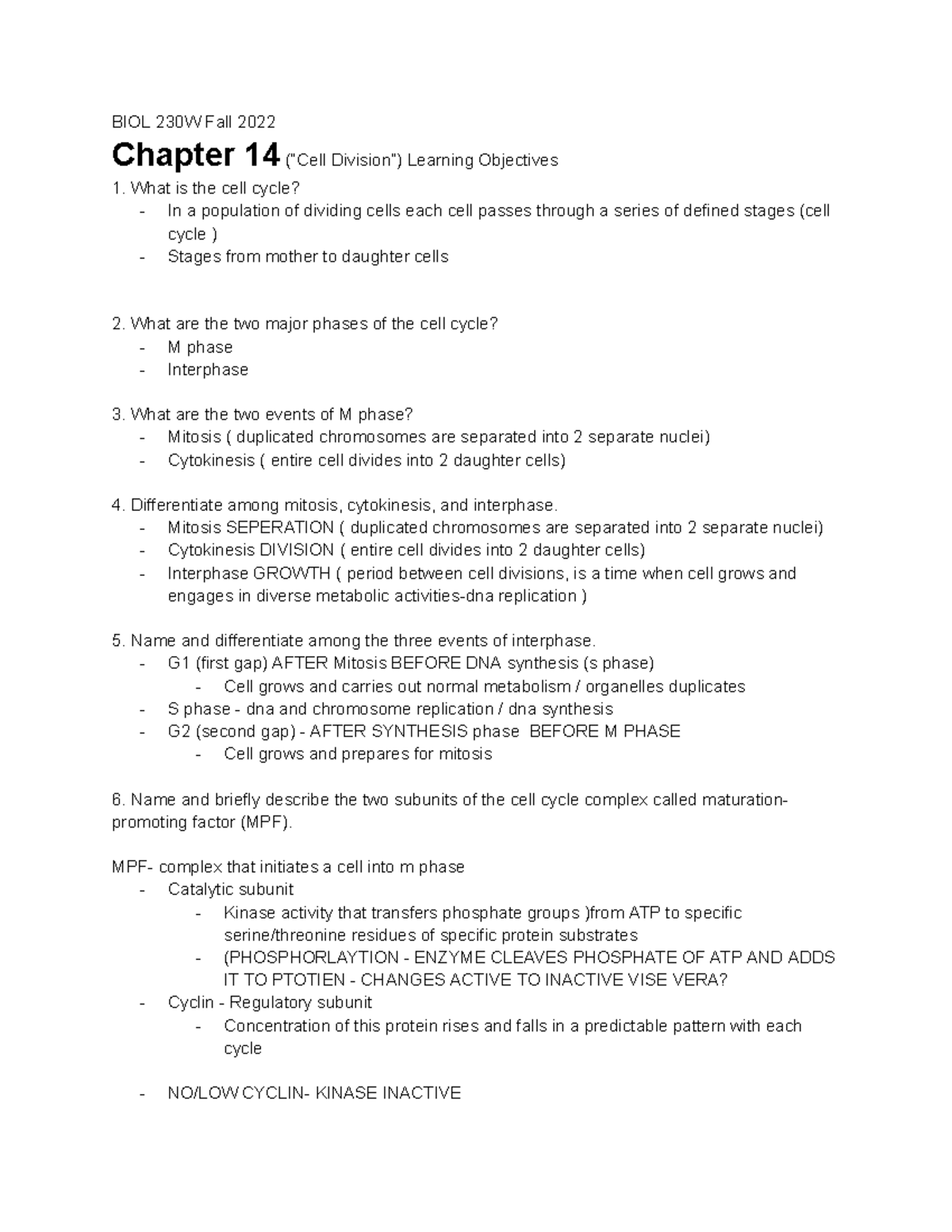 Chapter 14 (“Cell Division”) Learning Objectives - Google Docs - BIOL ...