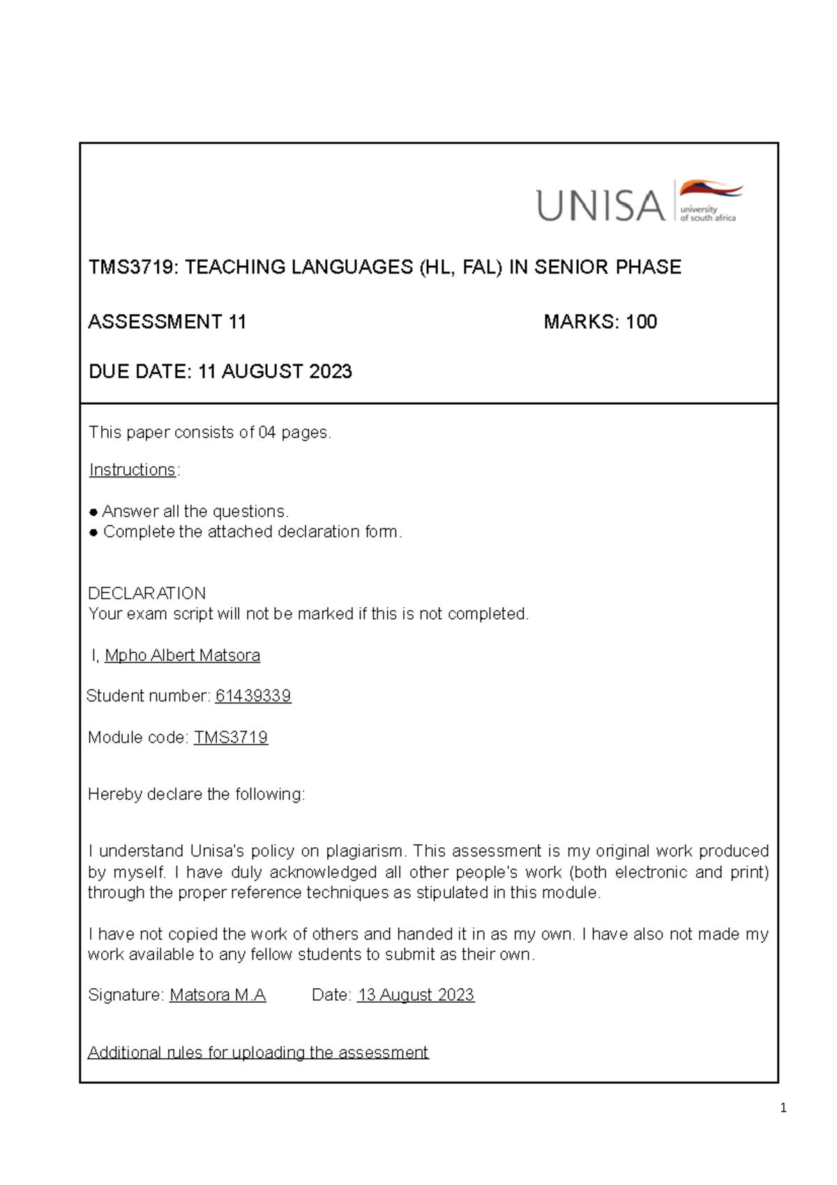 TMS3719 Asssingment 11 2023 - TMS3719: TEACHING LANGUAGES (HL, FAL) IN ...