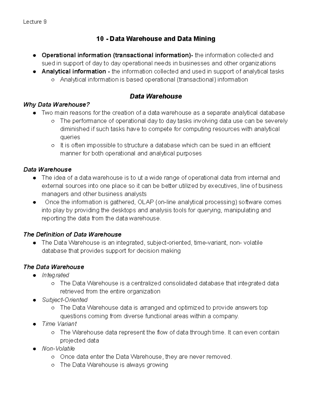 Lecture 9 - Data Warehouse and Data Mining - 10 - Data Warehouse and ...