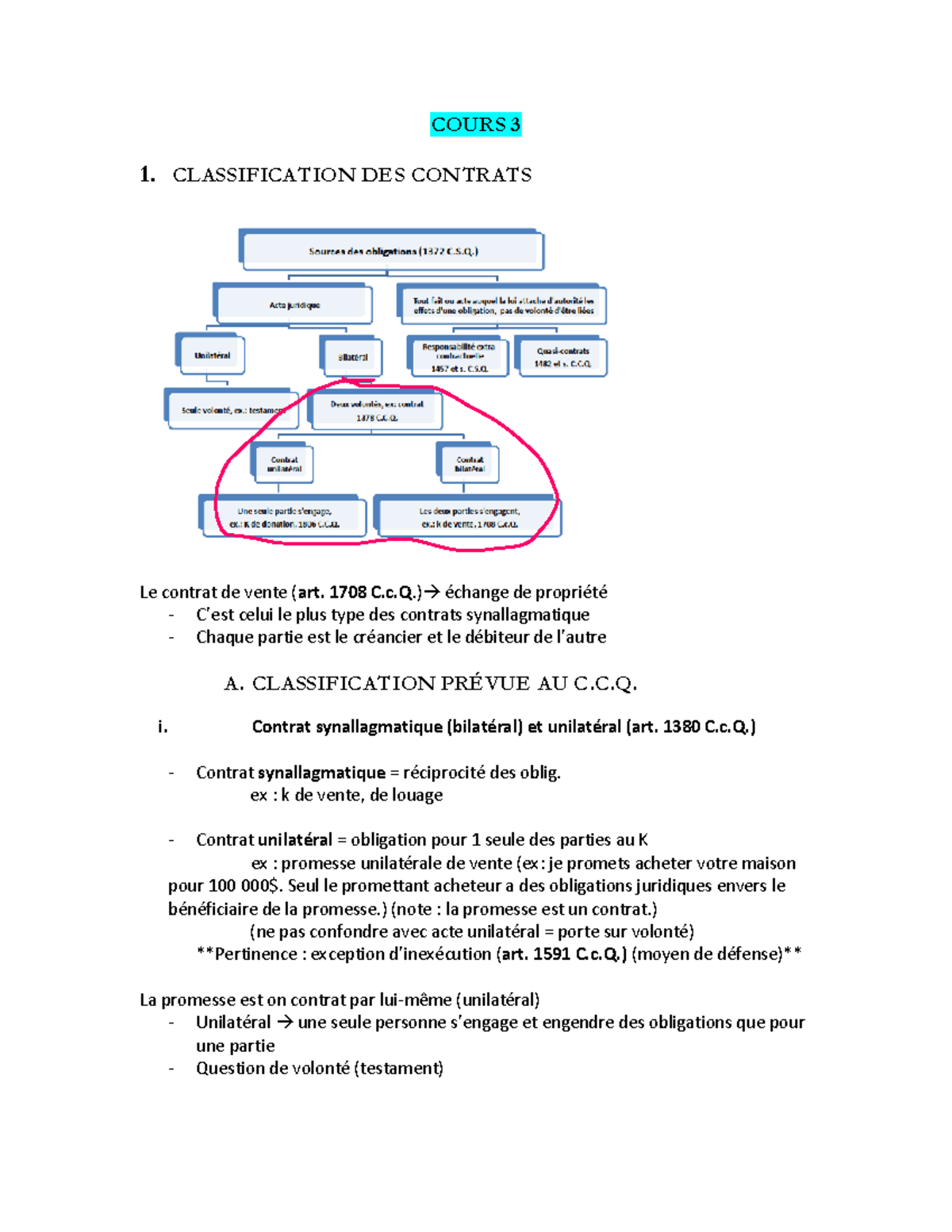 Cours 3 - oblig. 1 contrat - COURS 3 1. CLASSIFICATION DES CONTRATS Le ...