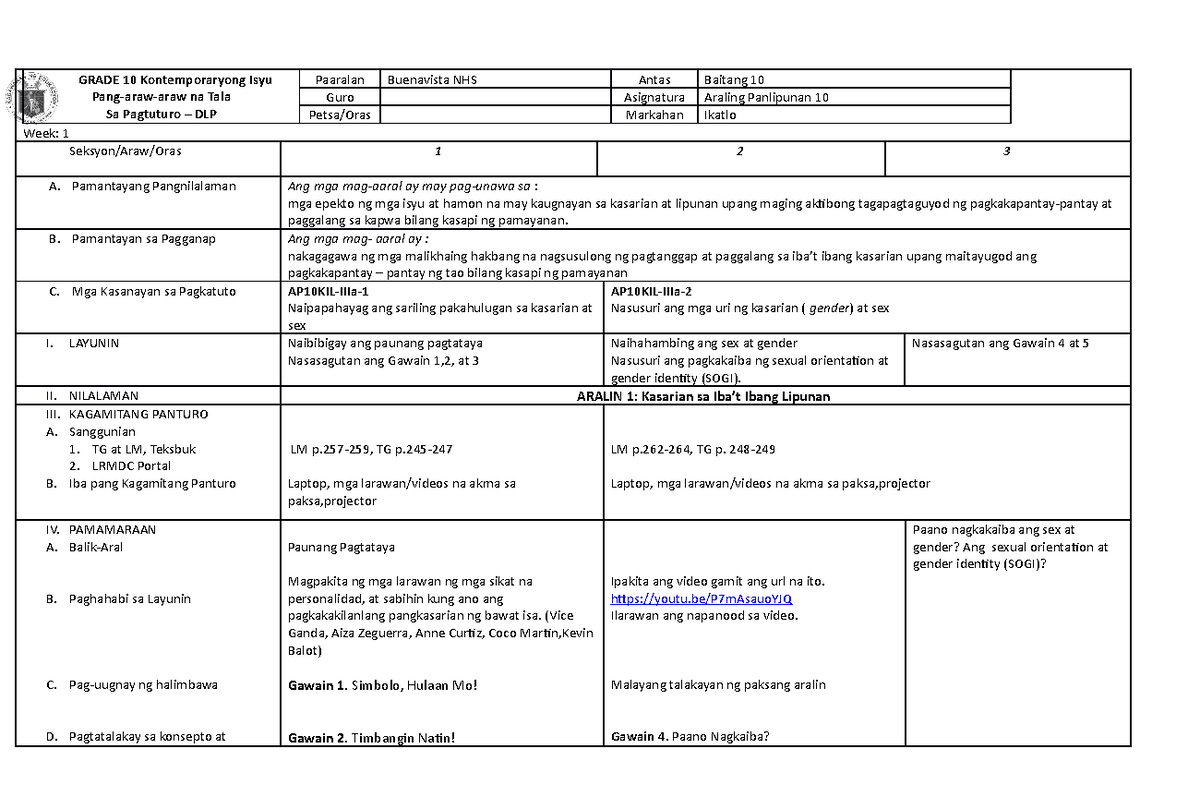 363951057 DLP Grade 10 3rd Quarter Week 1 10 - GRADE 10 Kontemporaryong ...