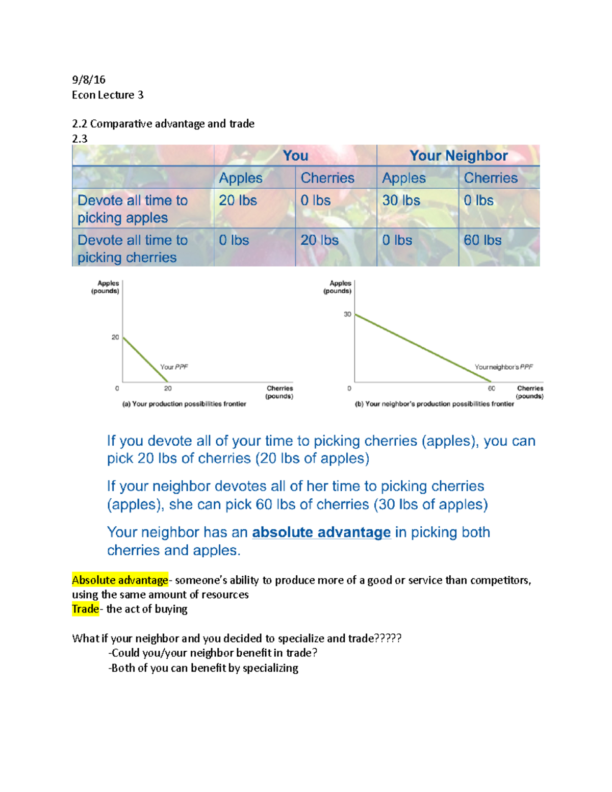 Econ lecture 3 - chapter 3 notes - 9/8/16 Econ Lecture 3 2 Comparative ...
