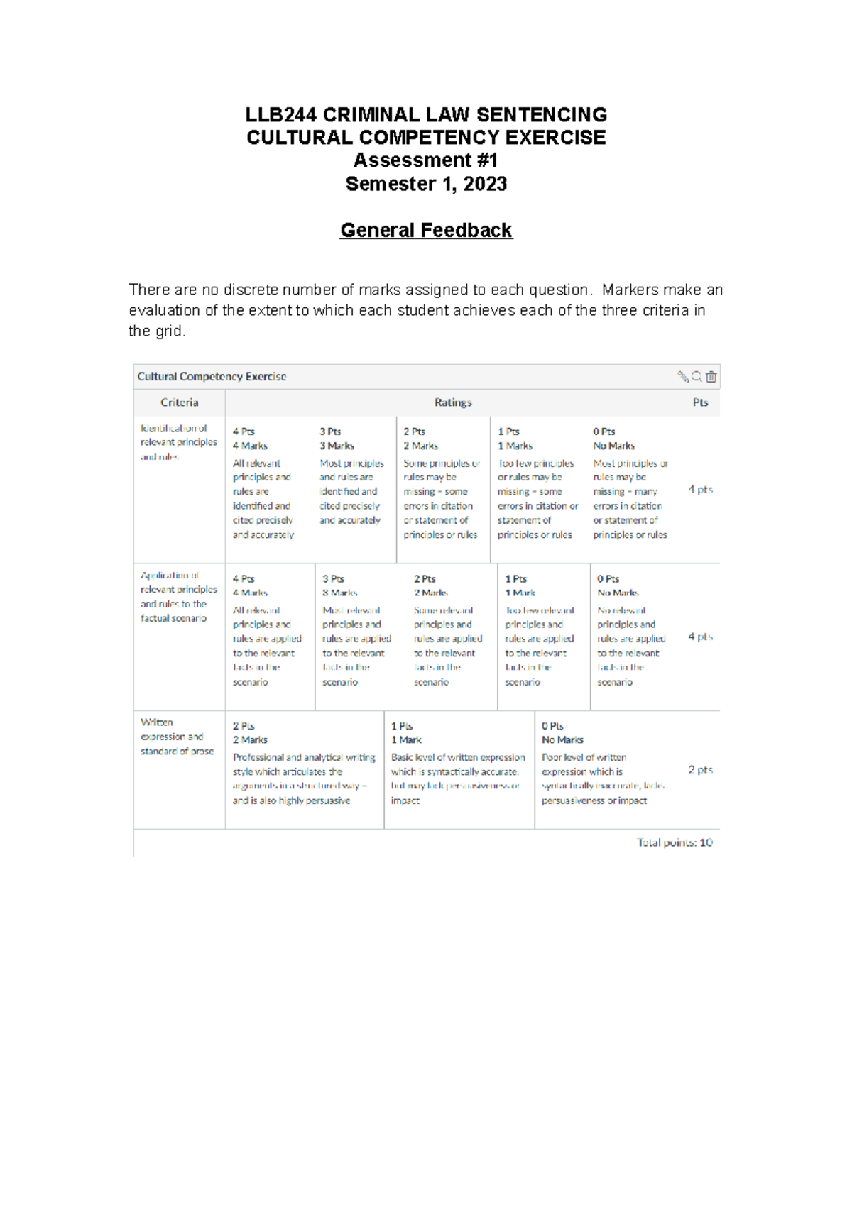 Cultural Competence Feedback - LLB244 CRIMINAL LAW SENTENCING CULTURAL ...