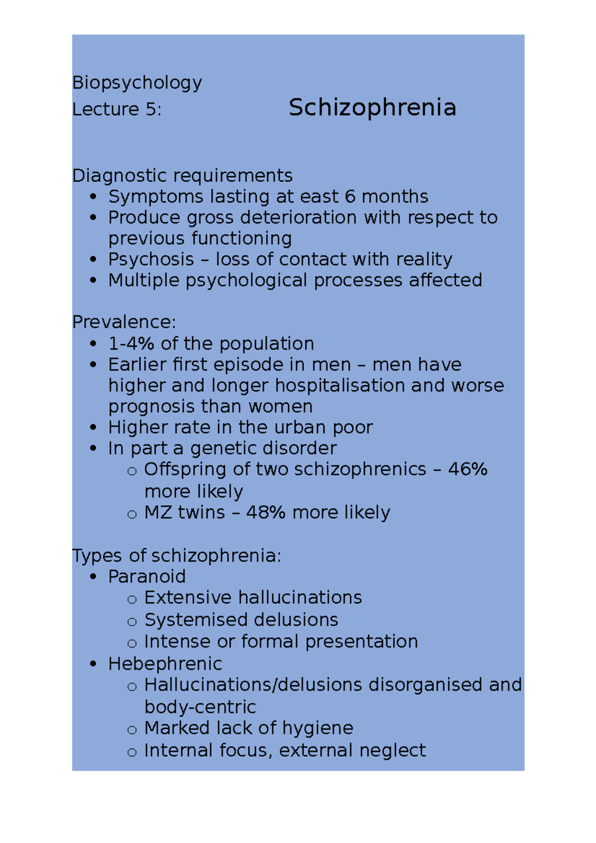 Schizophrenia - Lecture notes 8 - Biopsychology Lecture 5 ...