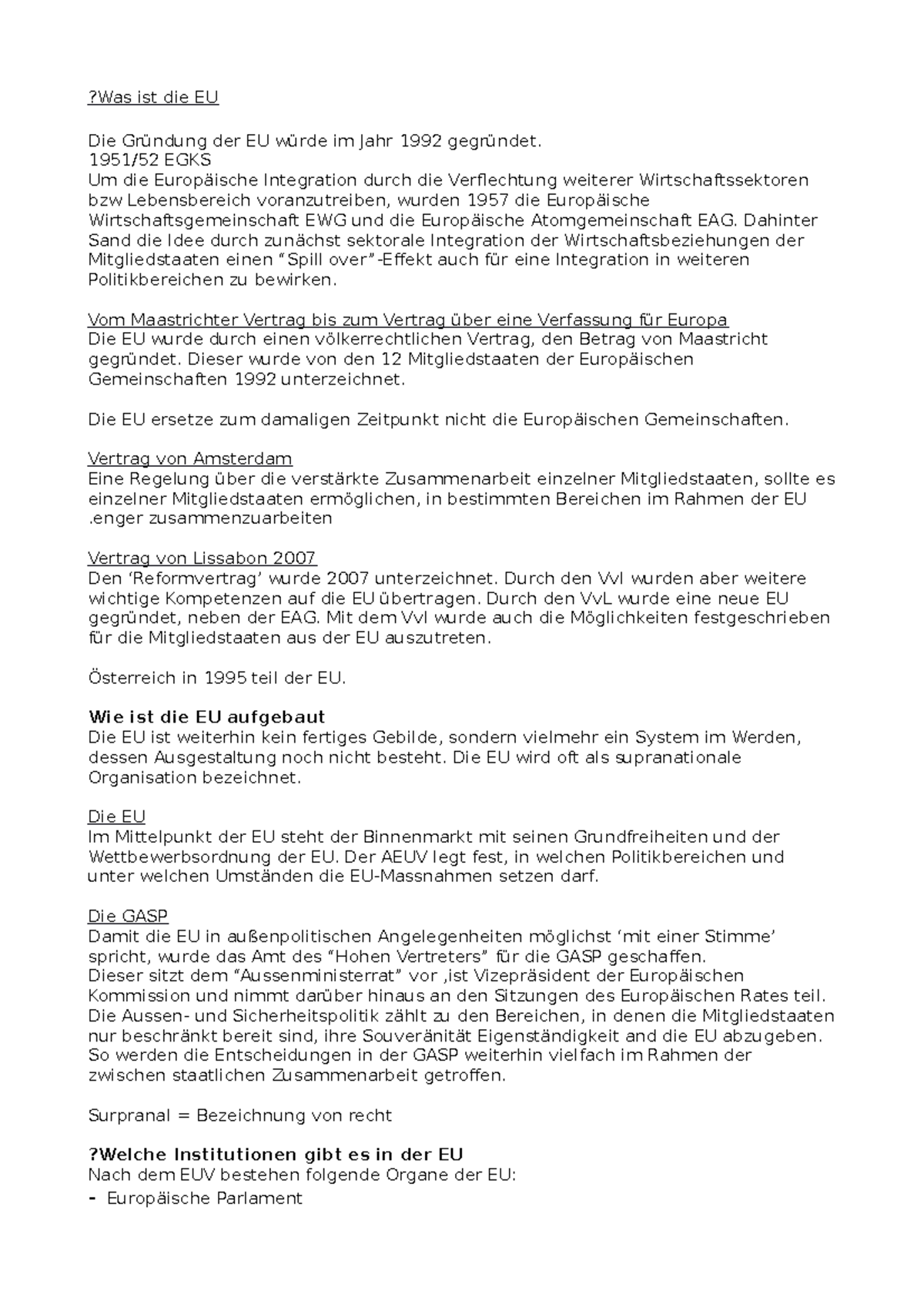 EÖR Lektion 2 word - ?Was ist die EU Die Gründung der EU würde im Jahr ...