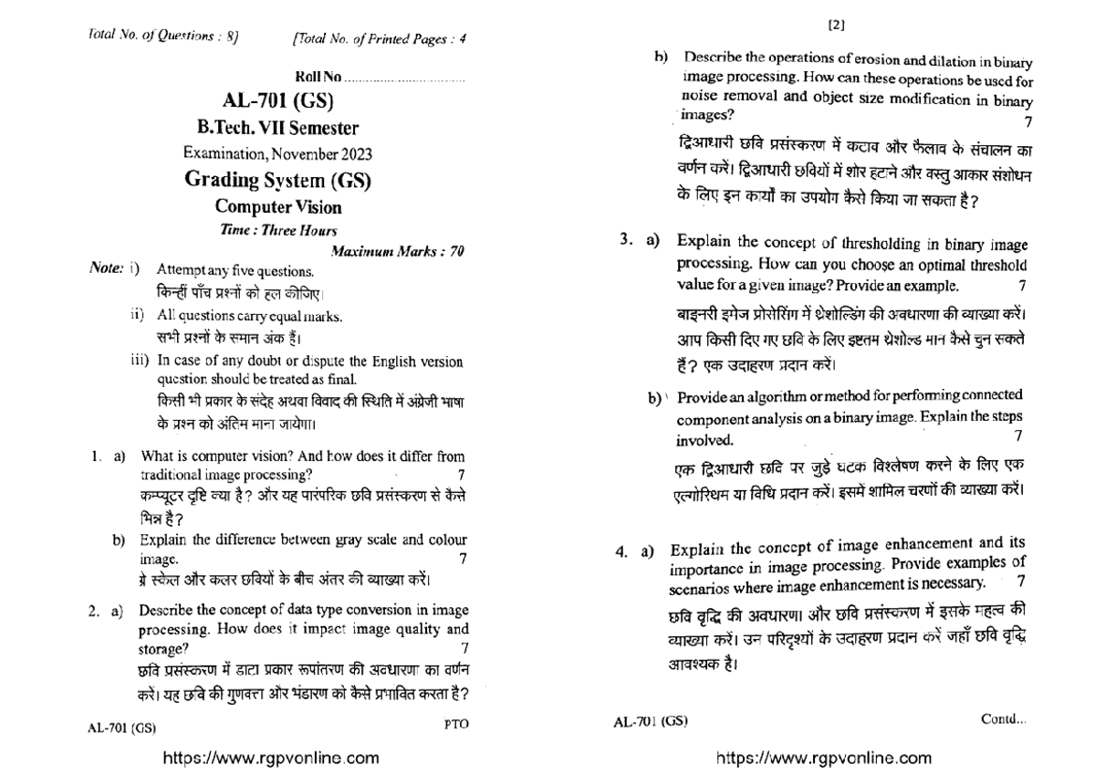 Al 701 computer vision nov 2023 - Total No. of Questions : No. of Printed Pages : 4 b) Describe ...