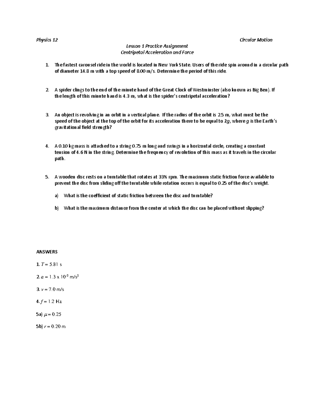 Assignment - 14 - Physics 12 Circular Motion Lesson 1 Practice ...