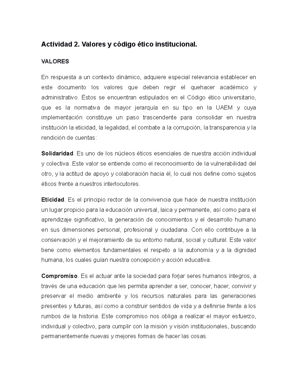 Actividad 2. Valores y código ético institucional - Actividad 2 ...