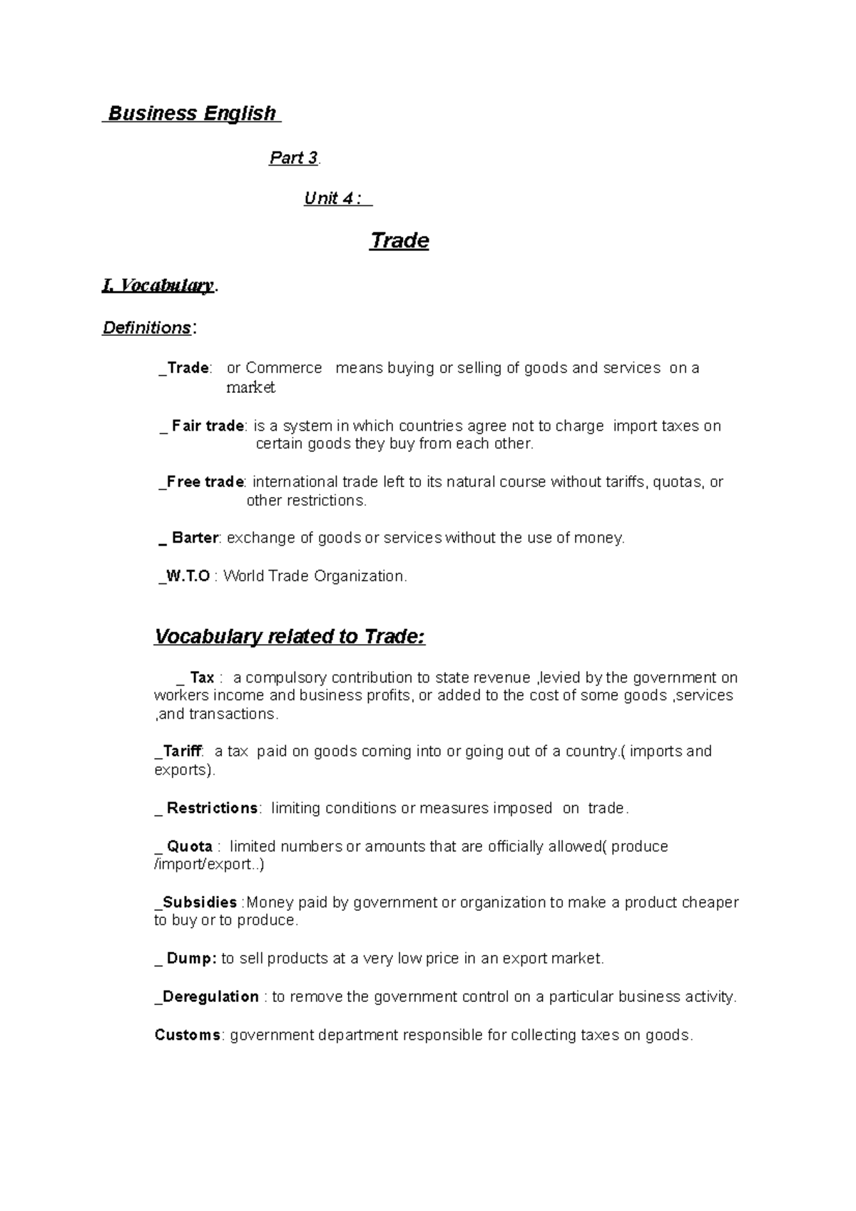 Trade business 3 - Business English Part 3. Unit 4 : Trade I ...