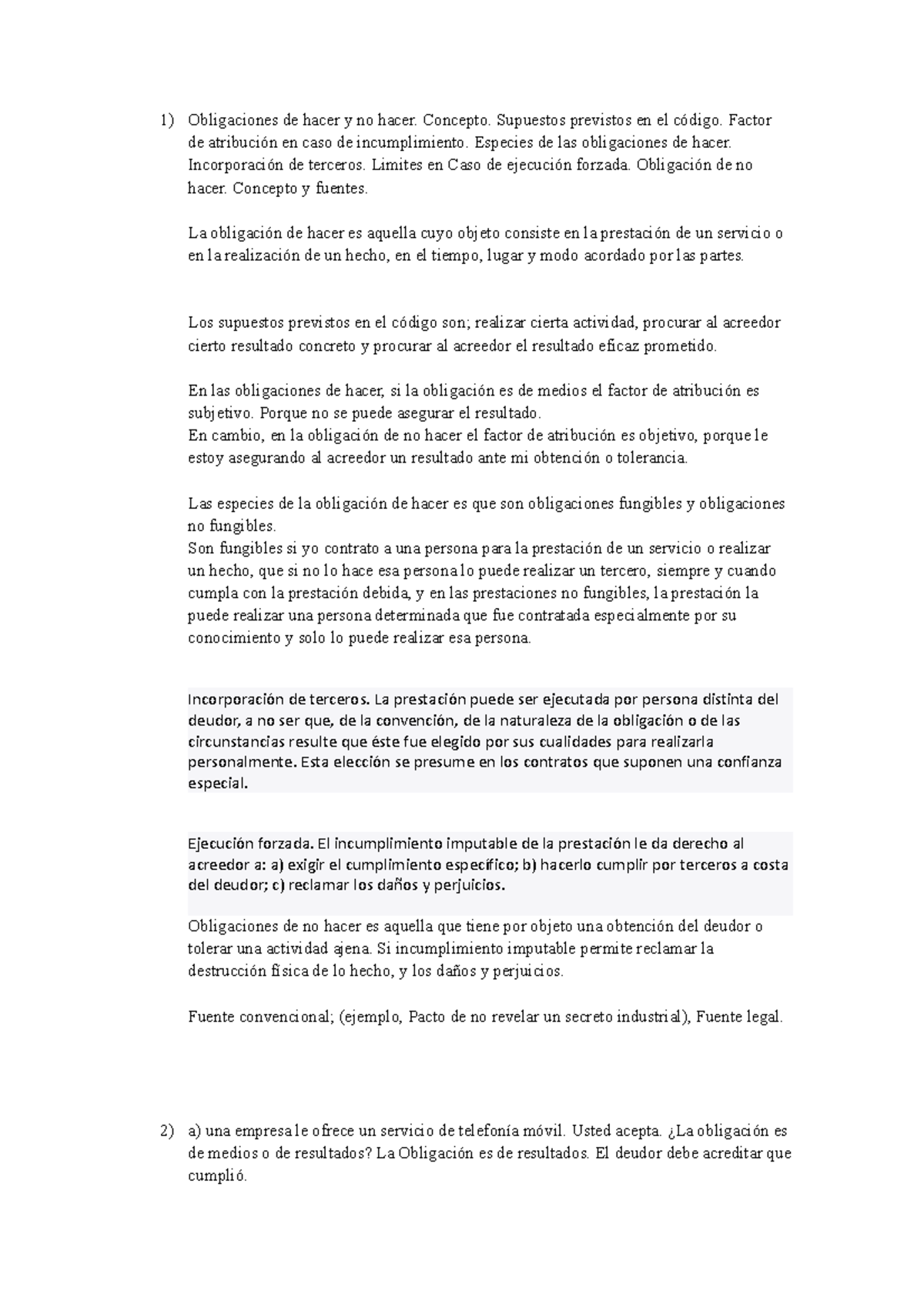 Preguntas del primer examen de Obligación - Obligaciones de hacer y no ...