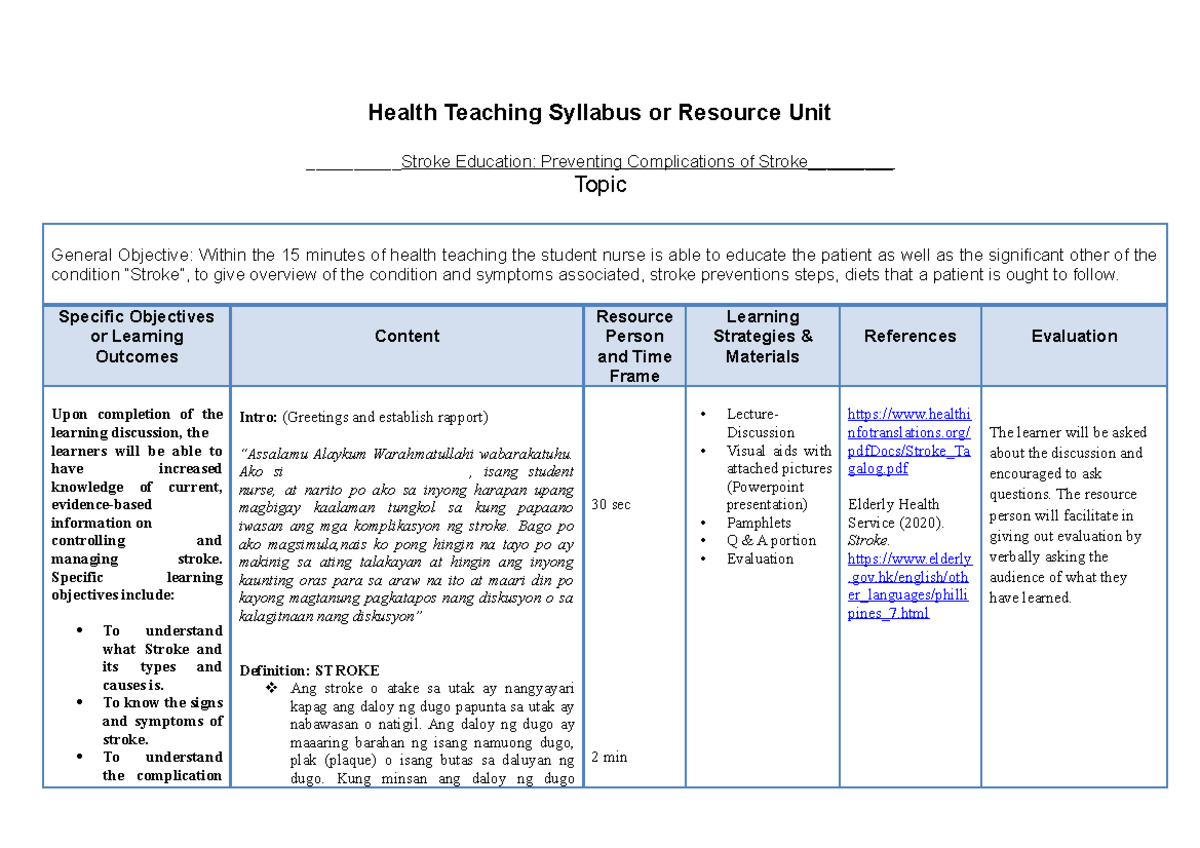 Stroke Resource Unit - Health Teaching Syllabus or Resource Unit ...