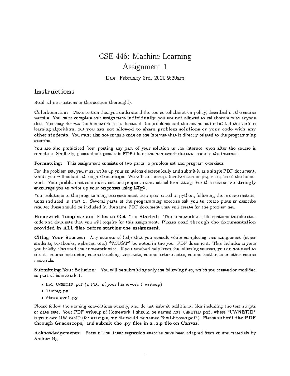Hw1 - machine learning assignment hkiu - CSE 446: Machine Learning Assignment 1 Due: February ...