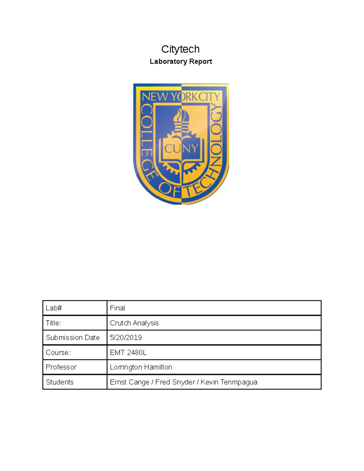 Emt 2480l Final report - Citytech Laboratory Report Lab# Final Title ...