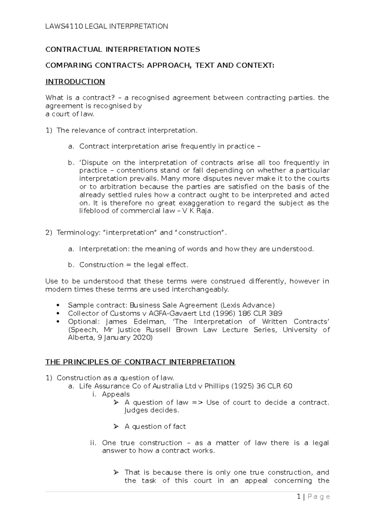 LAWS4110 Interpretation - CONTRACTUAL INTERPRETATION NOTES COMPARING ...