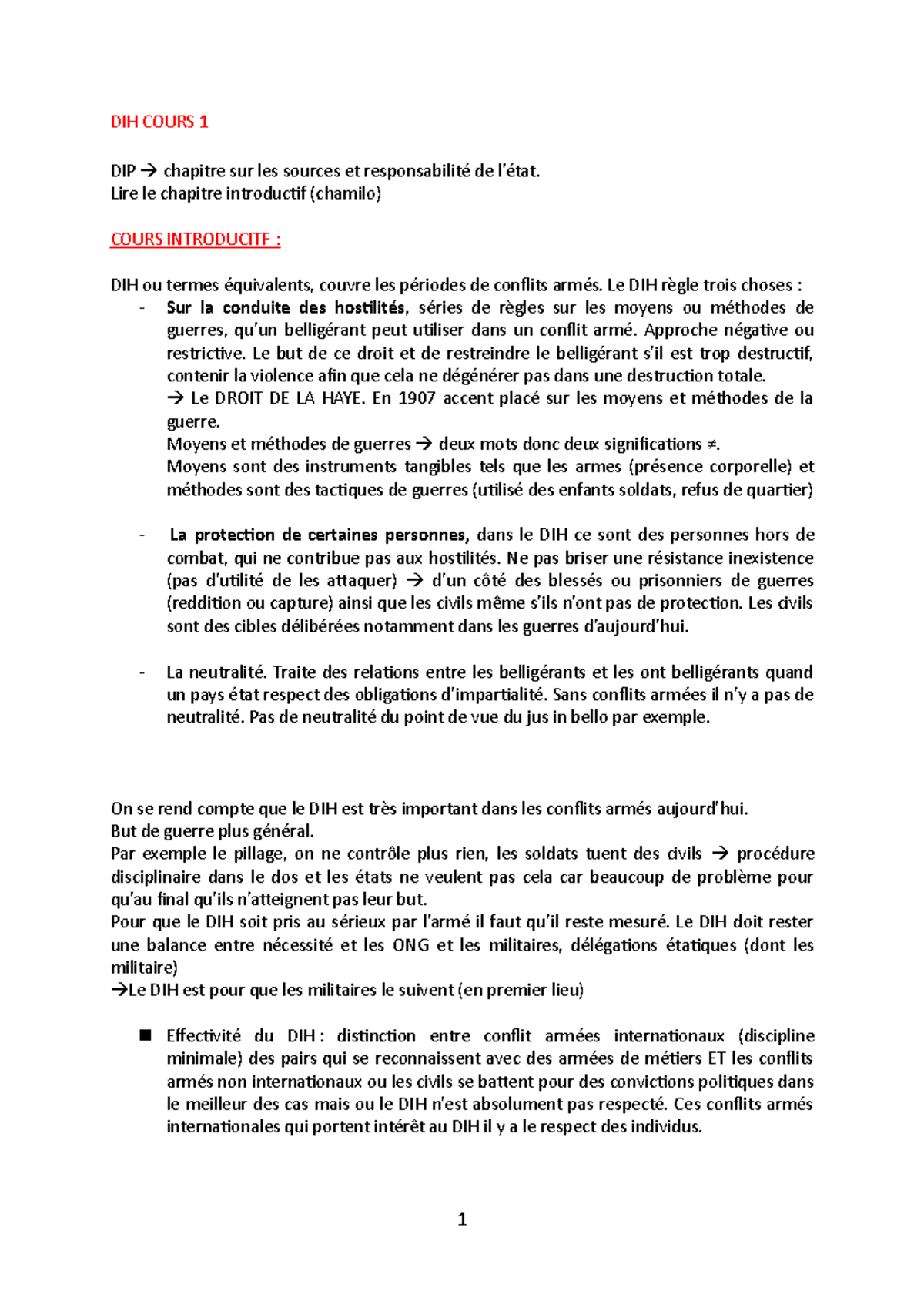 DIH - DIH - DIH COURS 1 DIP chapitre sur les sources et responsabilité ...