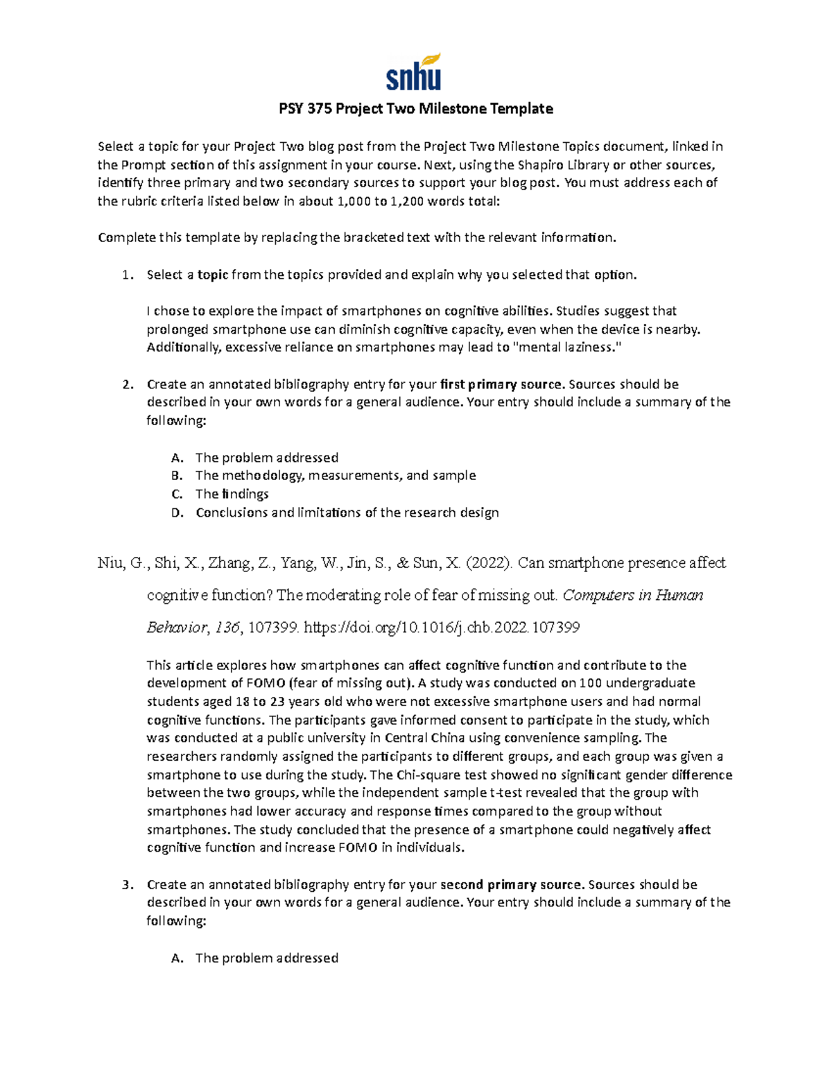 PSY 375 Project Two Milestone Template - PSY 375 Project Two Milestone ...