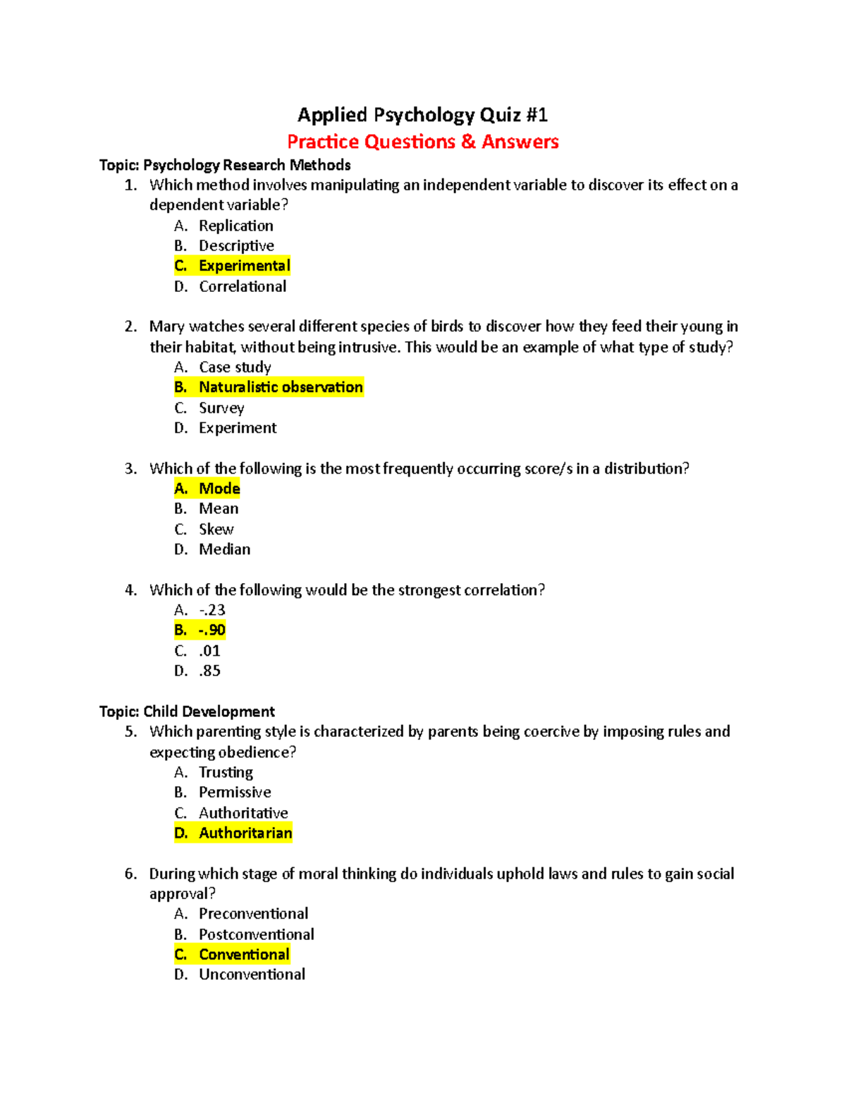 Quiz 1 Practice Questions Answers - Applied Psychology Quiz Practice ...
