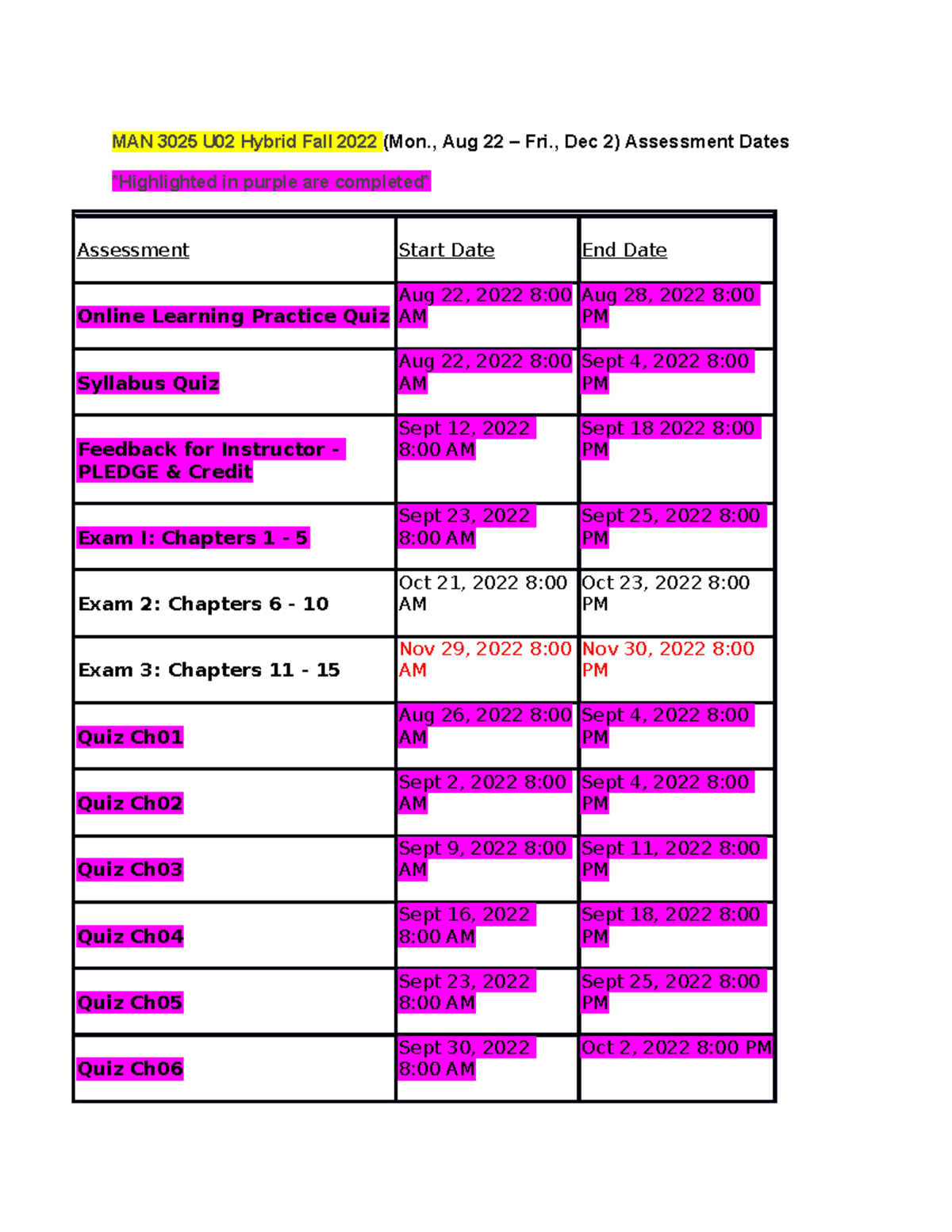 MAN 3025 Due Dates - Bsbsbd - MAN 3025 U02 Hybrid Fall 2022 (Mon., Aug ...