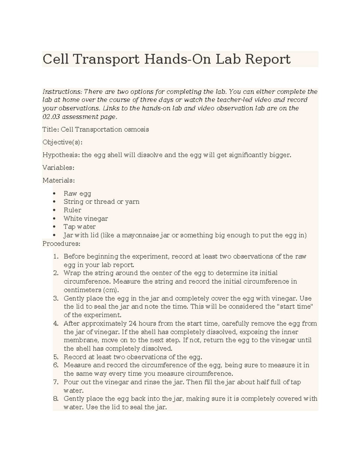 Cell Transport Hands-On Lab Report - Cell Transport Hands-On Lab Report ...
