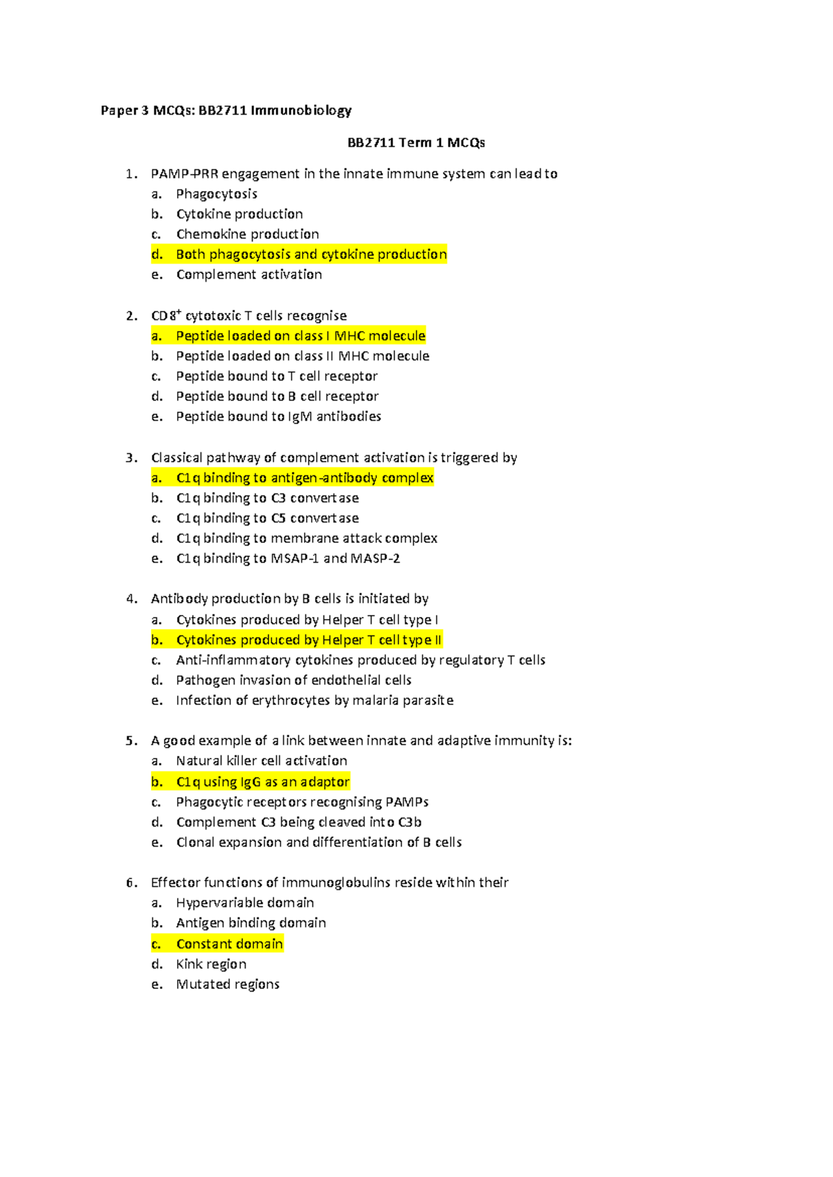 BB2805 MCQs (3) pdf - Paper 3 MCQs: BB271 1 Immunobiology BB271 1 Term ...