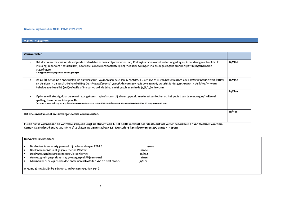 2022-2023 OE38 PCM5 beoordelingsformulier - Beoordelingsformulier OE38: PCM5 2022- Algemene ...