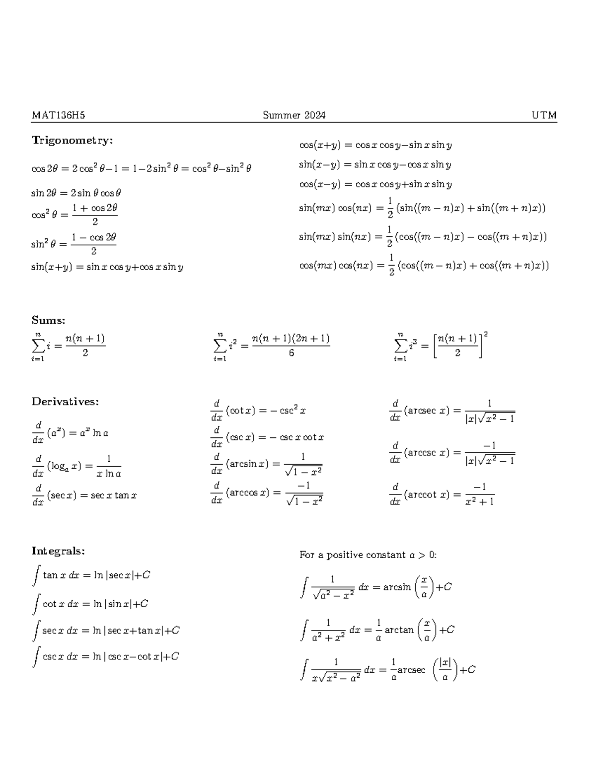 Formula+Sheet - Formul sheet - MAT136H5 Summer 2024 UTM Trigonometry ...