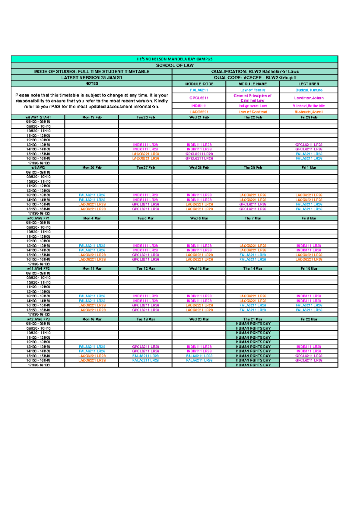 IIE Vcnmb BLAW2 G1 First Semester Timetable 2024 - MODULE CODE MODULE ...