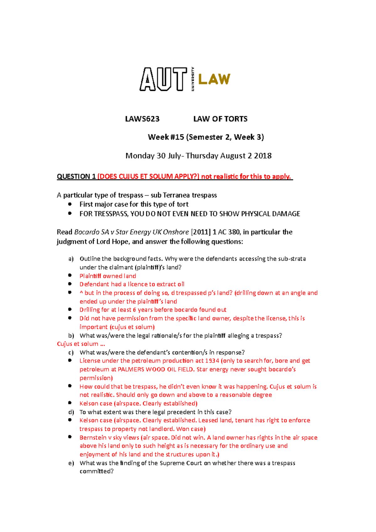Tut 1 - sem 2 - tutorial 1 semester 2 - LAWS623 LAW OF TORTS Week (Semester 2, Week 3) Monday 30 ...
