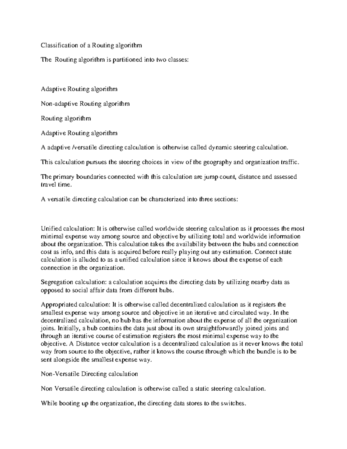 Classification of a Routing algorithm - This calculation pursues the ...