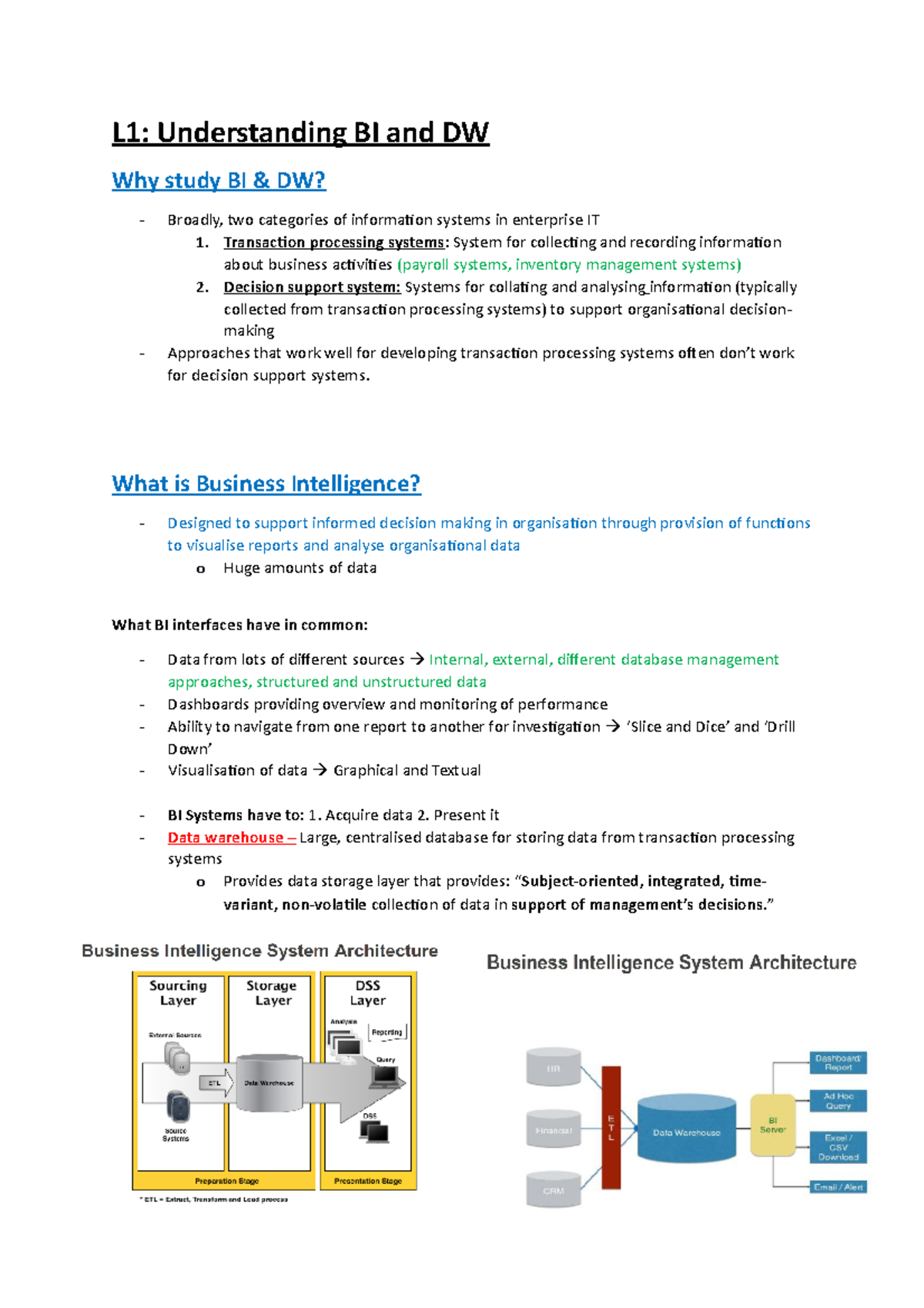FIT3003 final Notes - L1: Understanding BI and DW Why study BI & DW ...