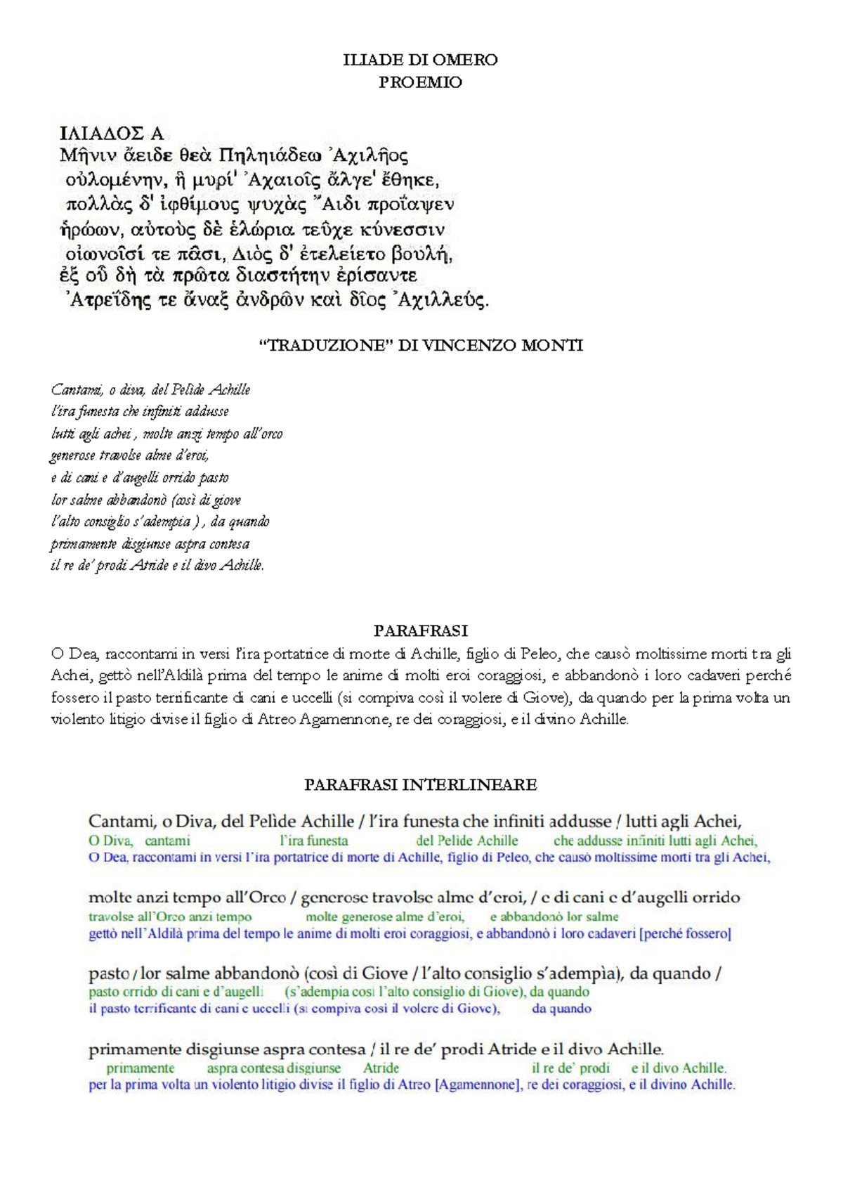 Proemio Iliade DI Omero - ILIADE DI OMERO PROEMIO “TRADUZIONE” DI VINCENZO MONTI Cantami, o diva ...